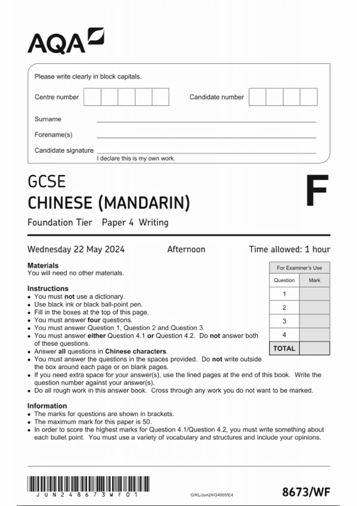 AQA GCSE CHINESE (MANDARIN) PAPER4 WH & WF QP & MARK SCHEME - Stuvia US