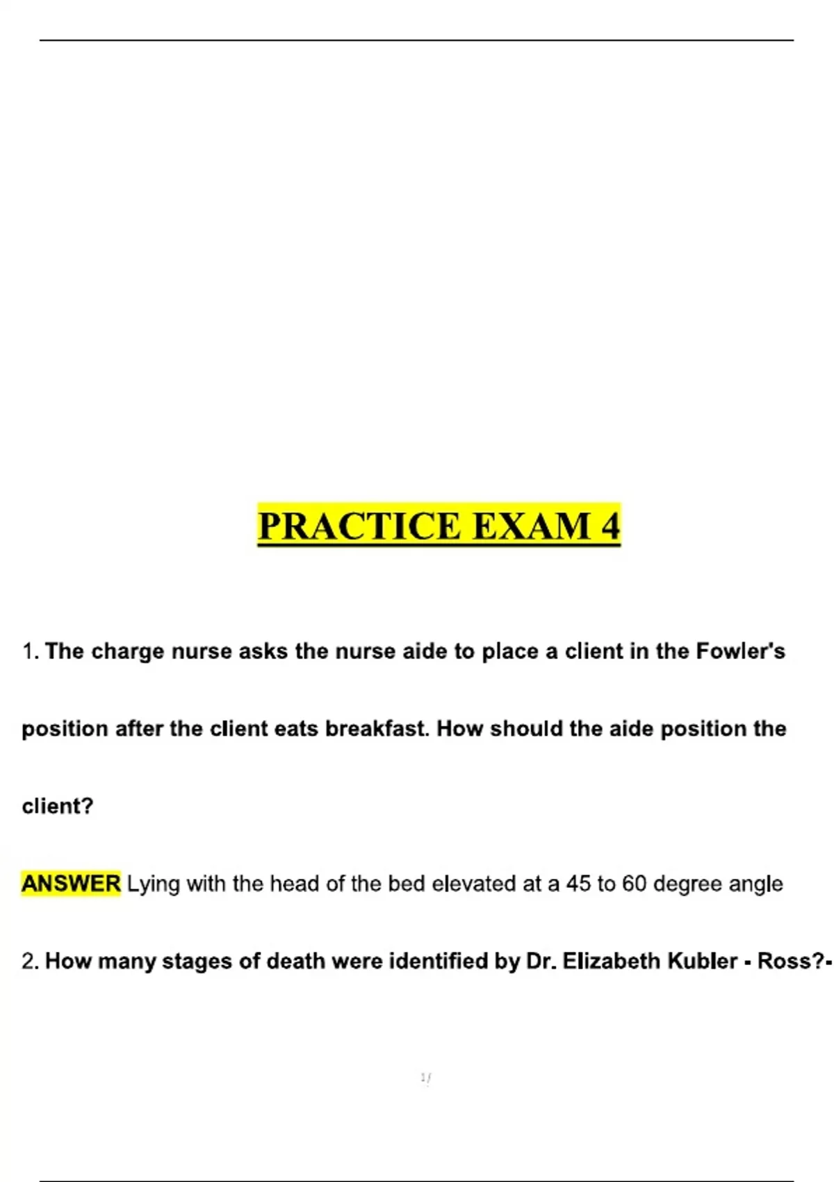 Practice Exam 4 CNA - CNA - Certified Nursing Assistant - Stuvia US