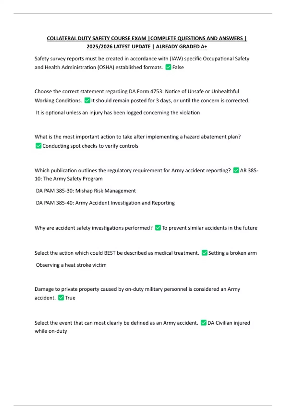 COLLATERAL DUTY SAFETY COURSE EXAM |COMPLETE QUESTIONS AND ANSWERS ...