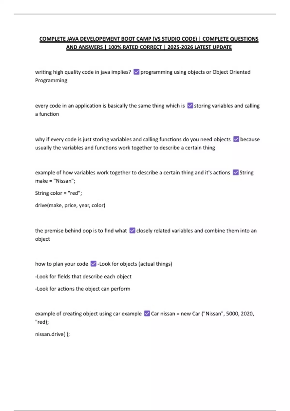 COMPLETE JAVA DEVELOPEMENT BOOT CAMP (VS STUDIO CODE) | COMPLETE QUESTIONS AND ANSWERS | 100% ...