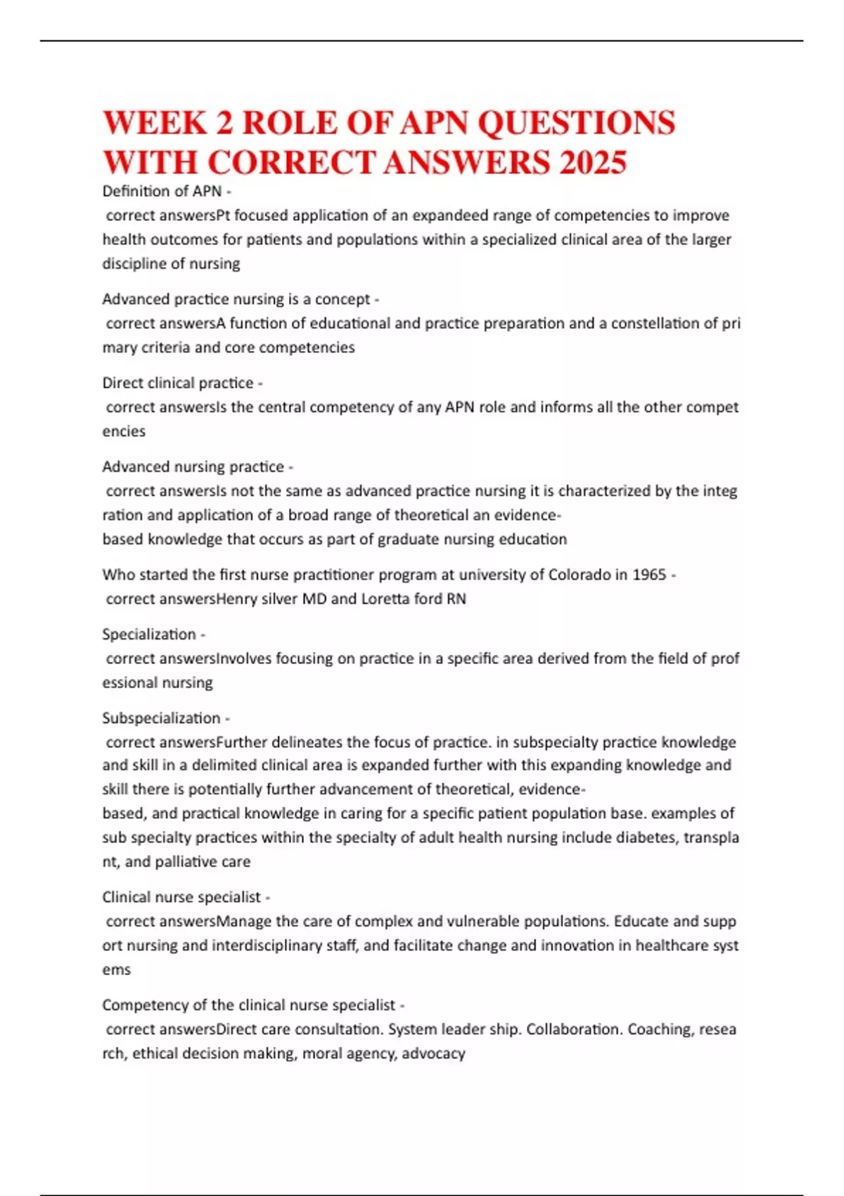 WEEK 2 ROLE OF APN QUESTIONS WITH CORRECT ANSWERS 2025. - ADVANCED ...