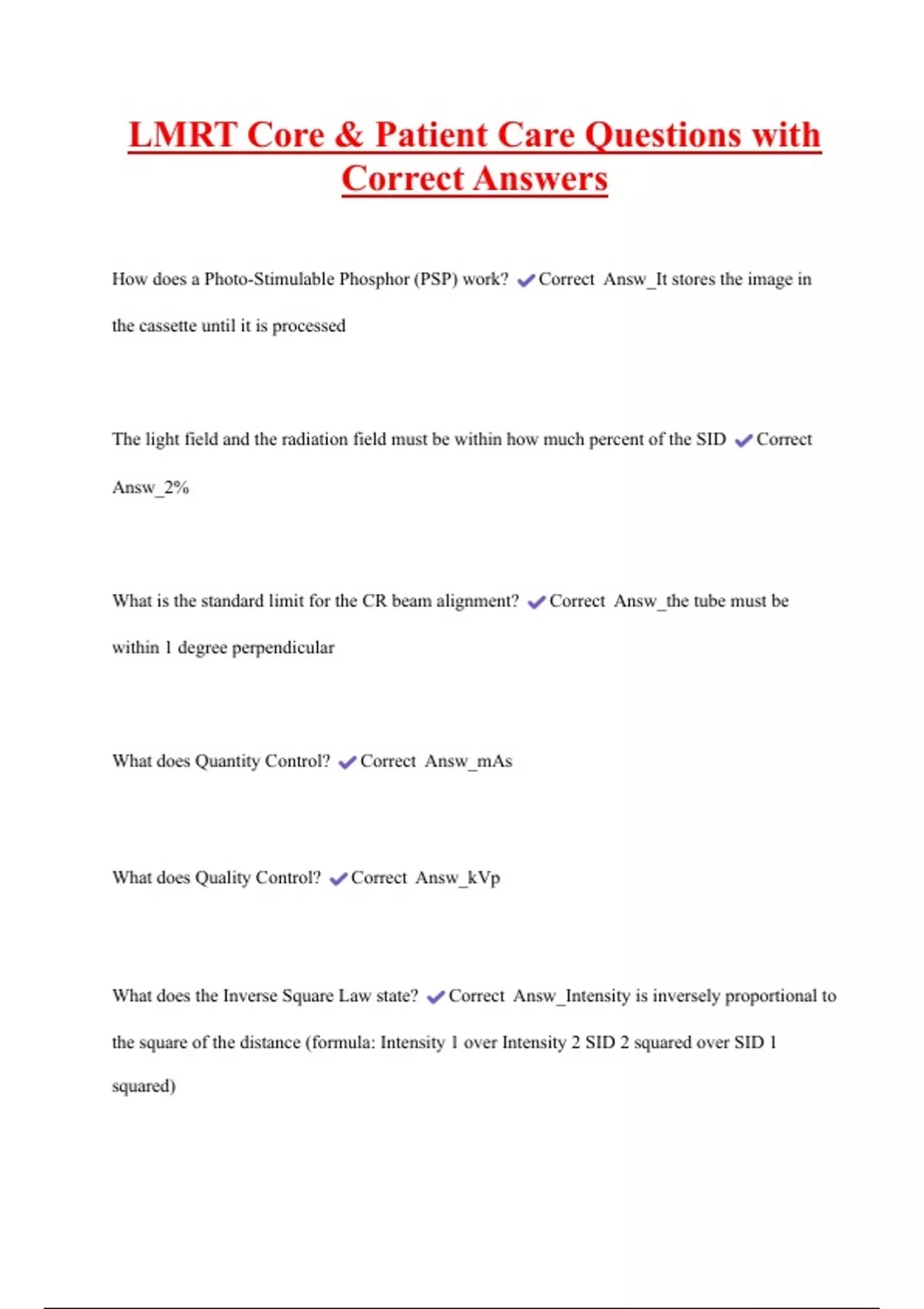 LMRT Core & Patient Care Questions with Correct Answers - Lmrt ...