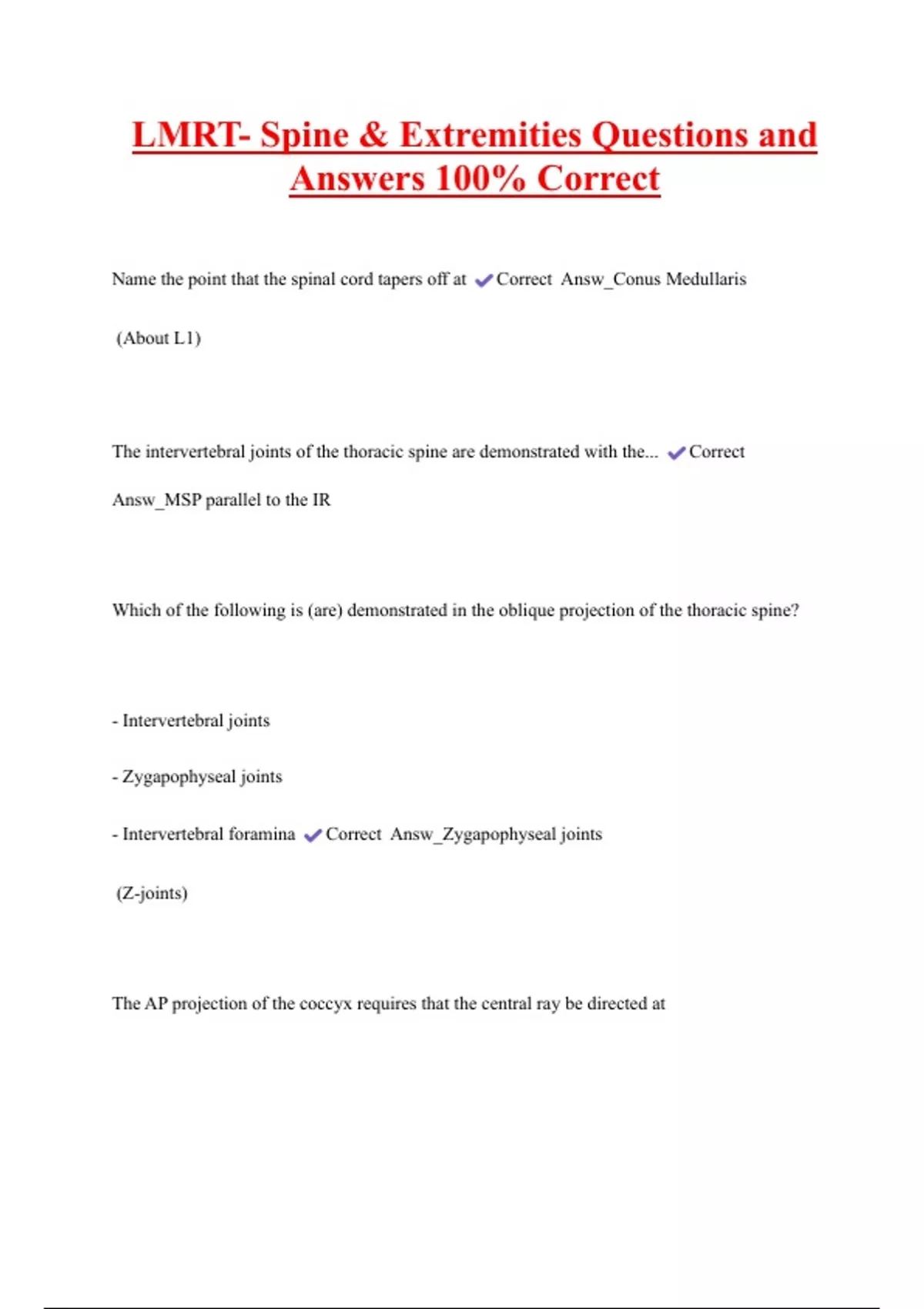 LMRT- Spine & Extremities Questions and Answers 100% Correct - Lmrt ...