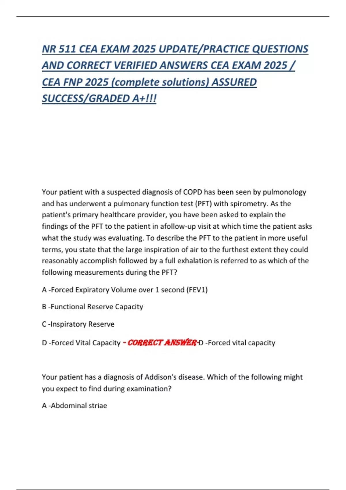 NR 511 CEA EXAM 2025 UPDATE/PRACTICE QUESTIONS AND CORRECT VERIFIED ...