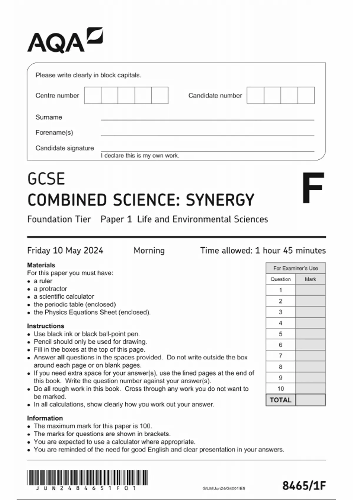 AQA GCSE COMBINED SCIENCE SYNERGY PAPER 1F AND 1H QP & MARK SCHEME 2024 ...