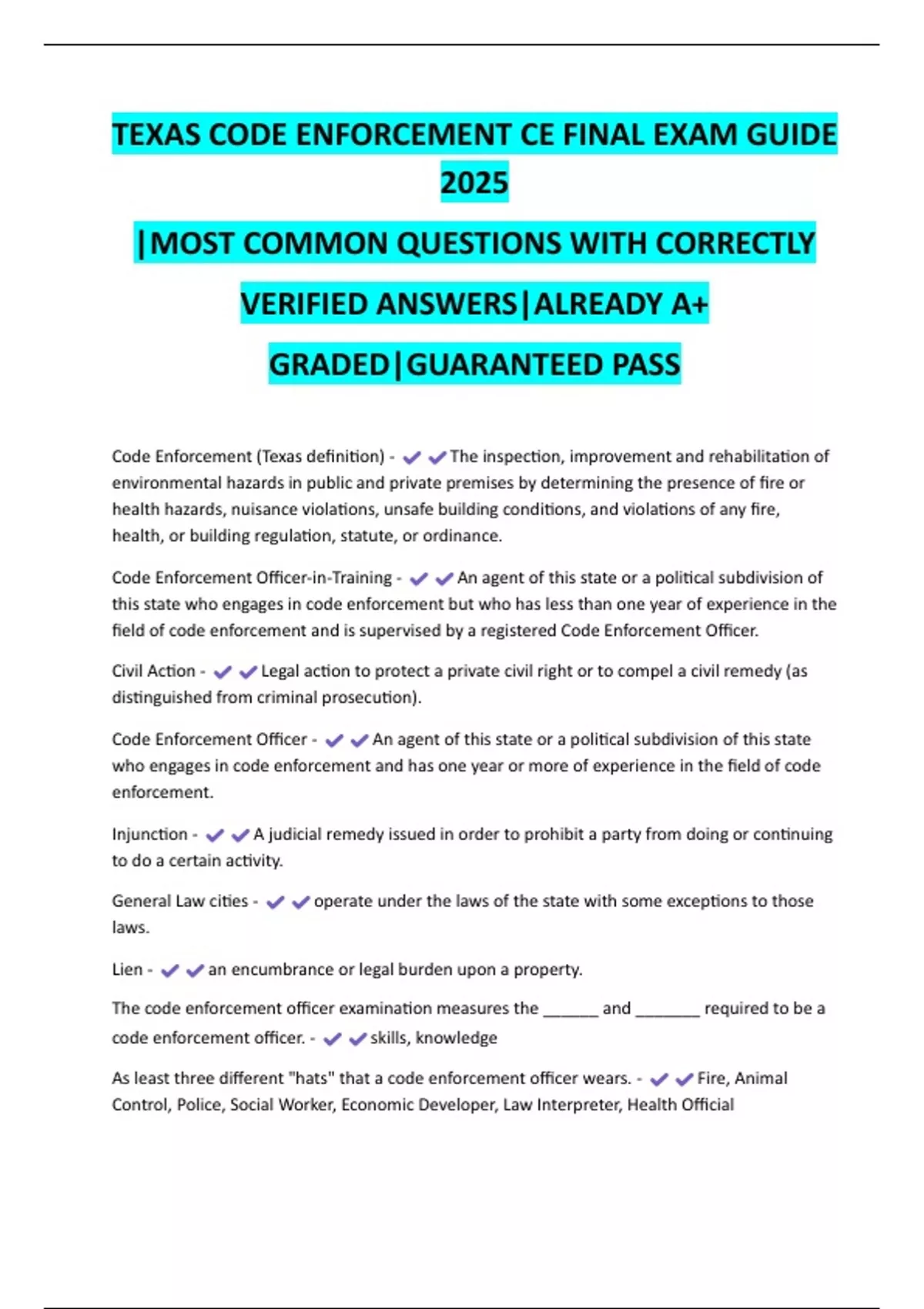 TEXAS CODE ENFORCEMENT CE FINAL EXAM GUIDE 2025 |MOST COMMON QUESTIONS WITH CORRECTLY VERIFIED ...