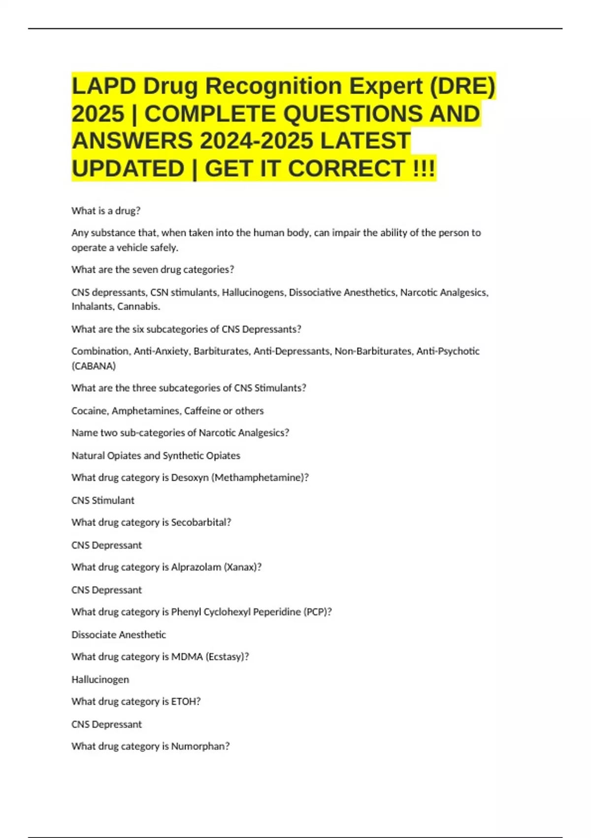 LAPD Drug Recognition Expert (DRE) 2025 | COMPLETE QUESTIONS AND ...