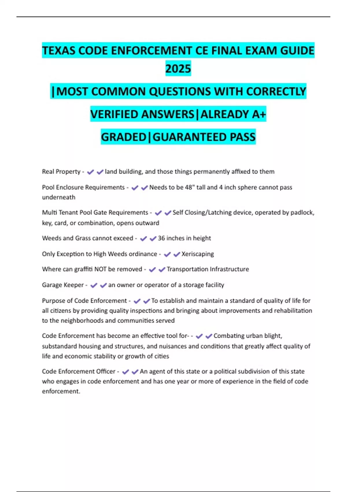TEXAS CODE ENFORCEMENT CE FINAL EXAM GUIDE 2025 |MOST COMMON QUESTIONS ...