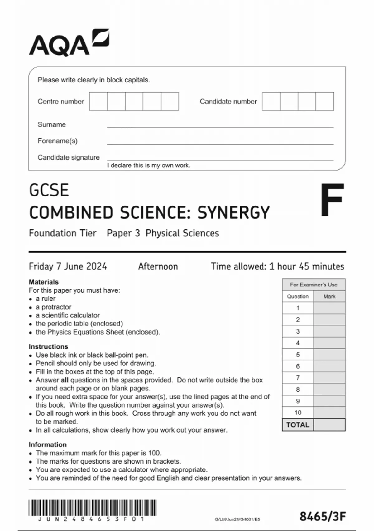 AQA GCSE COMBINED SCIENCE SYNERGY PAPER 3 QP 2024(8465/3F: Foundation ...
