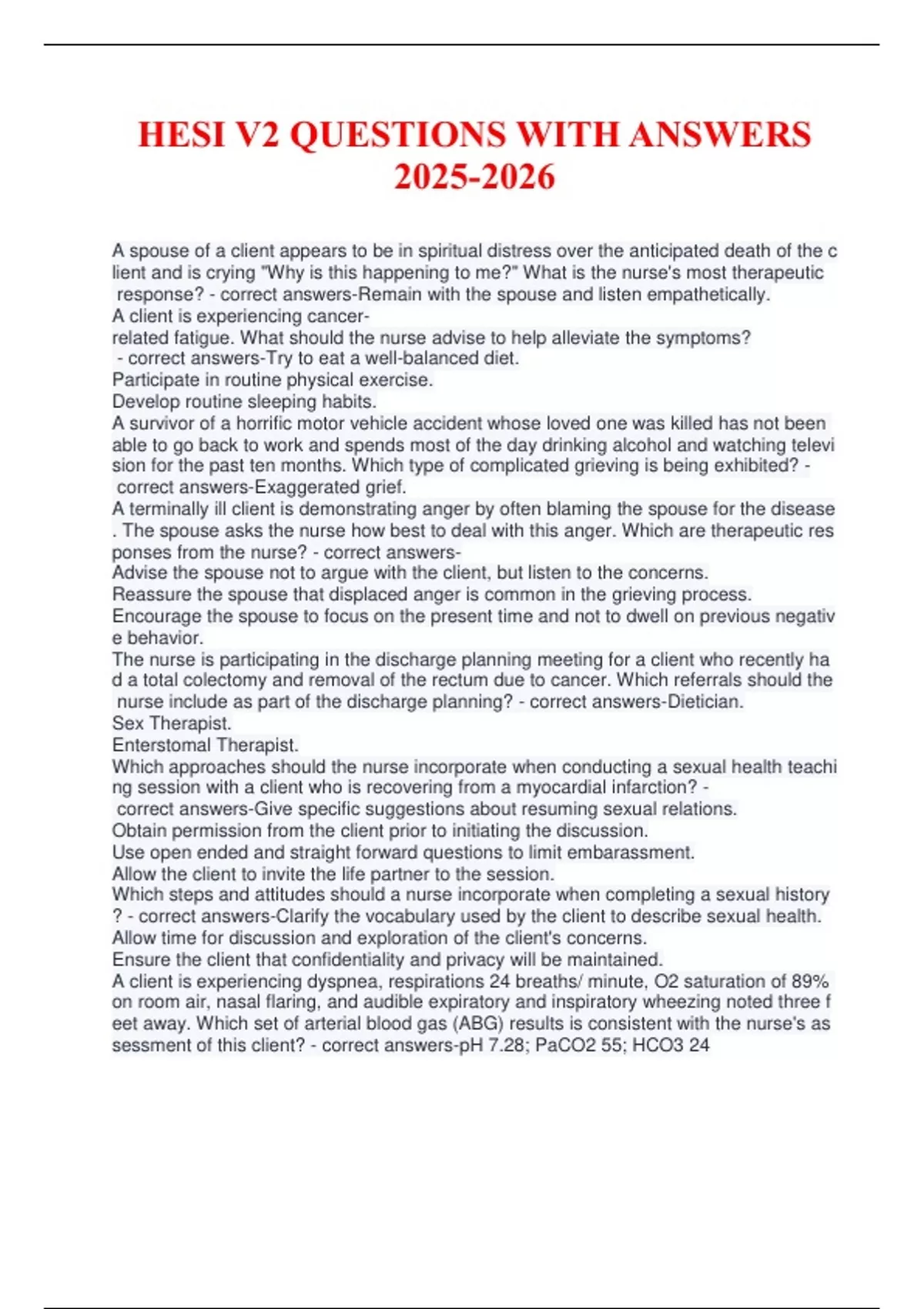 HESI V2 QUESTIONS WITH ANSWERS - HESI RN Fundamentals v1 and v2 - Stuvia UK