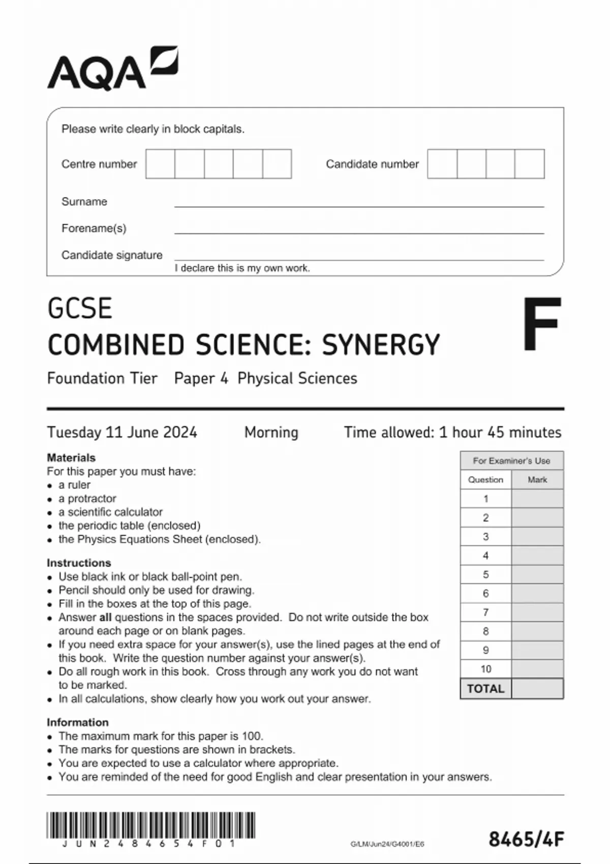 AQA GCSE COMBINED SCIENCE SYNERGY PAPER 4F & 4H BOTH QP AND MARK SCHEME ...