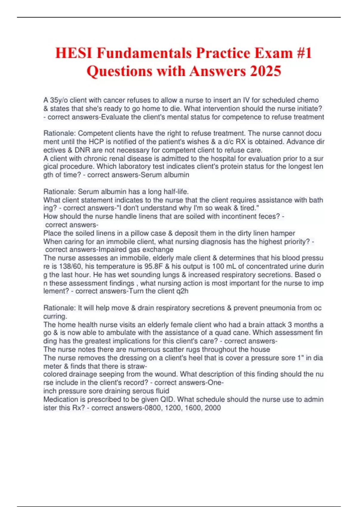 HESI Fundamentals Practice Exam -1 Questions with Answers 2025 - HESI RN Fundamentals v1 and v2 ...