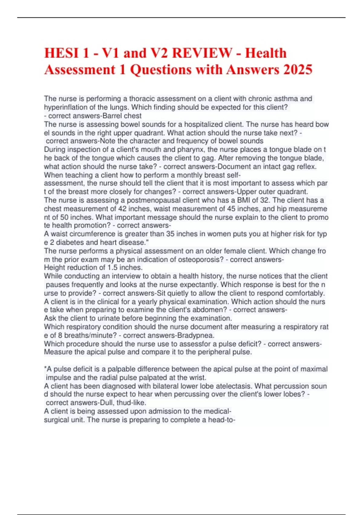 HESI 1 - V1 and V2 REVIEW - Health Assessment 1 Questions with Answers ...