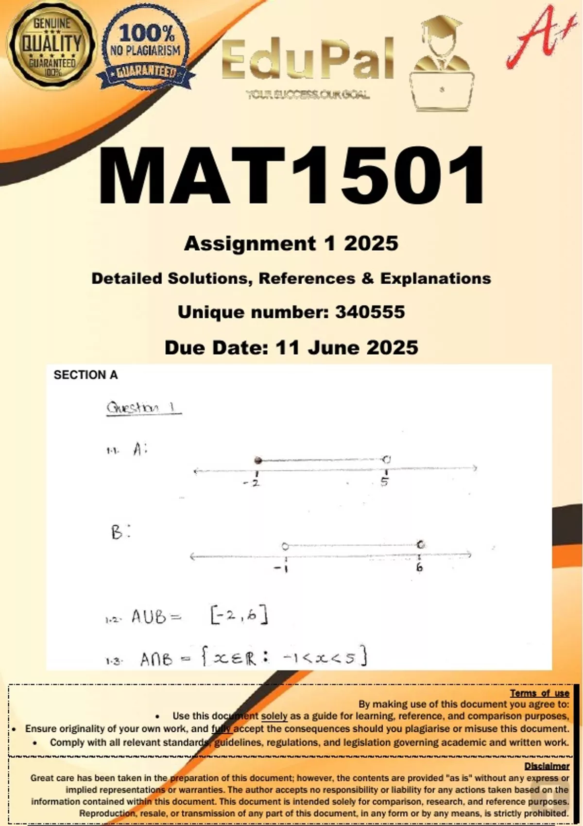 MAT1501 Assignment 1 (COMPLETE ANSWERS) 2025 (340555) - DUE 11 June ...