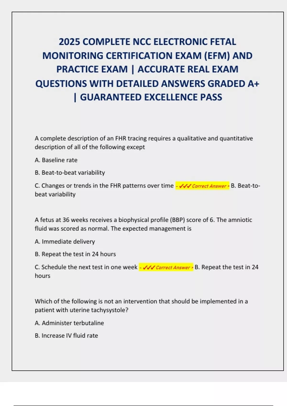 2025 COMPLETE NCC ELECTRONIC FETAL MONITORING CERTIFICATION EXAM (EFM) AND PRACTICE EXAM ...