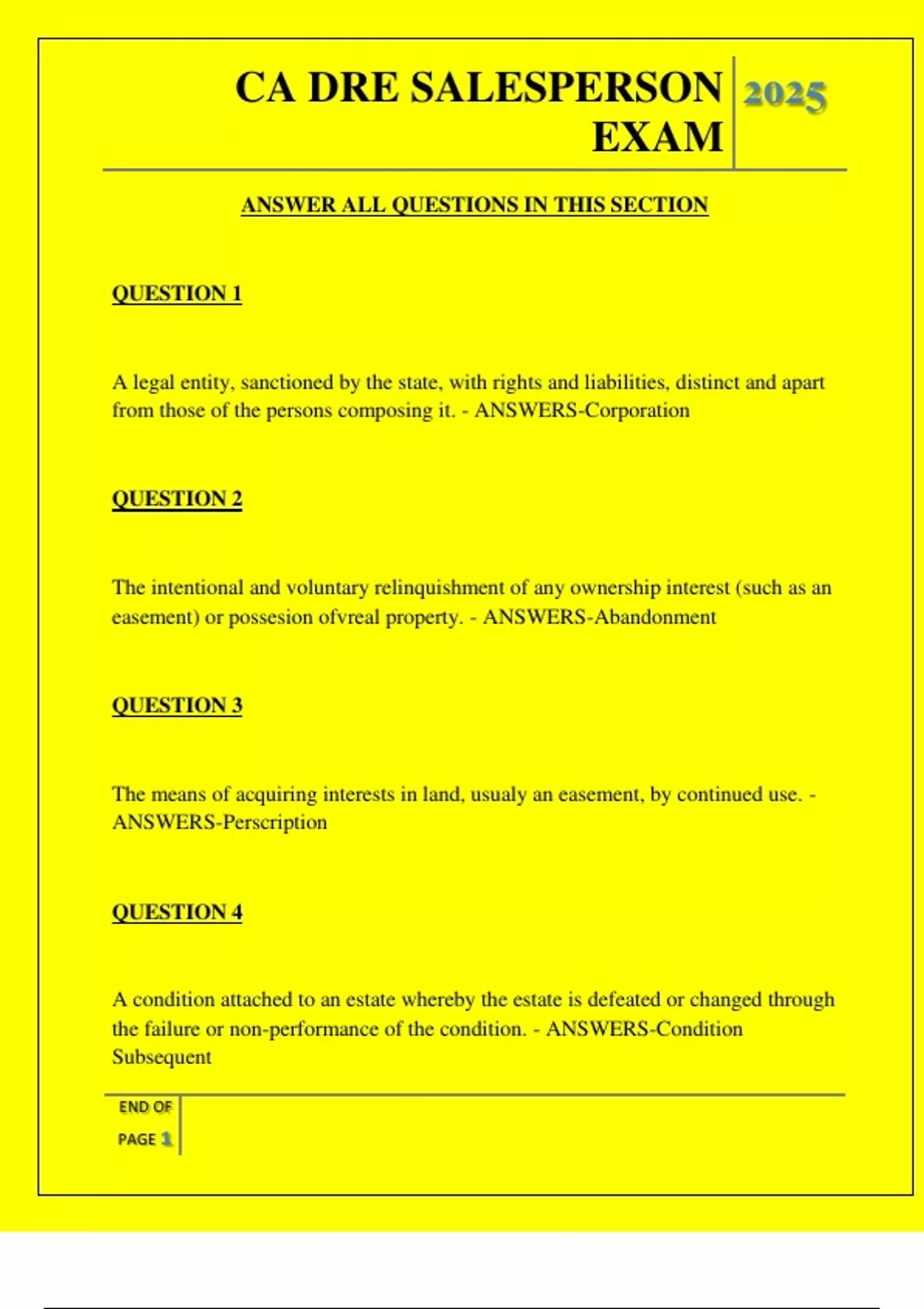 CA DRE SALESPERSON EXAM QUESTIONS AND ANSWERS 2025 - CA DRE SALESPERSON ...