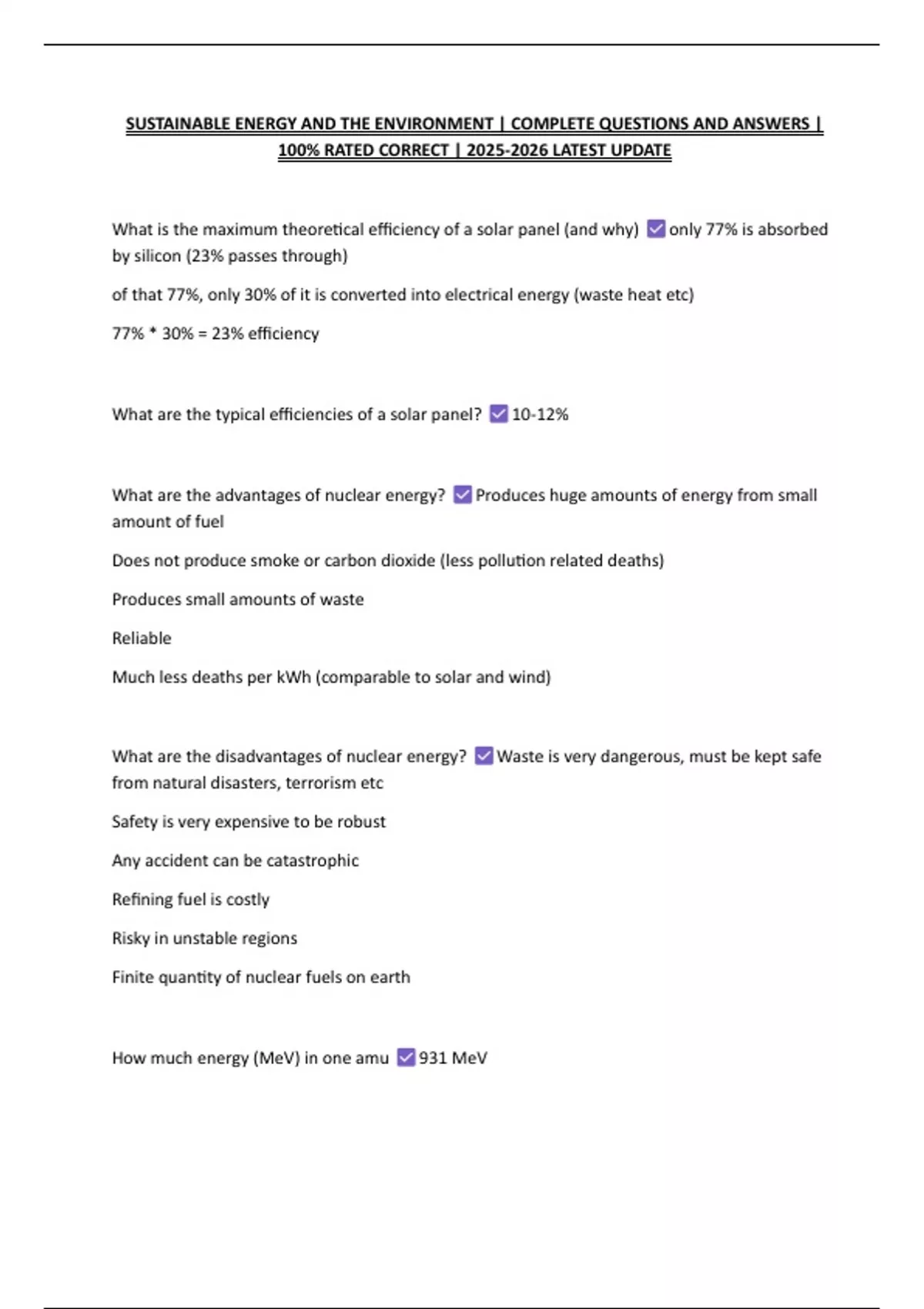 SUSTAINABLE ENERGY AND THE ENVIRONMENT | COMPLETE QUESTIONS AND ANSWERS ...