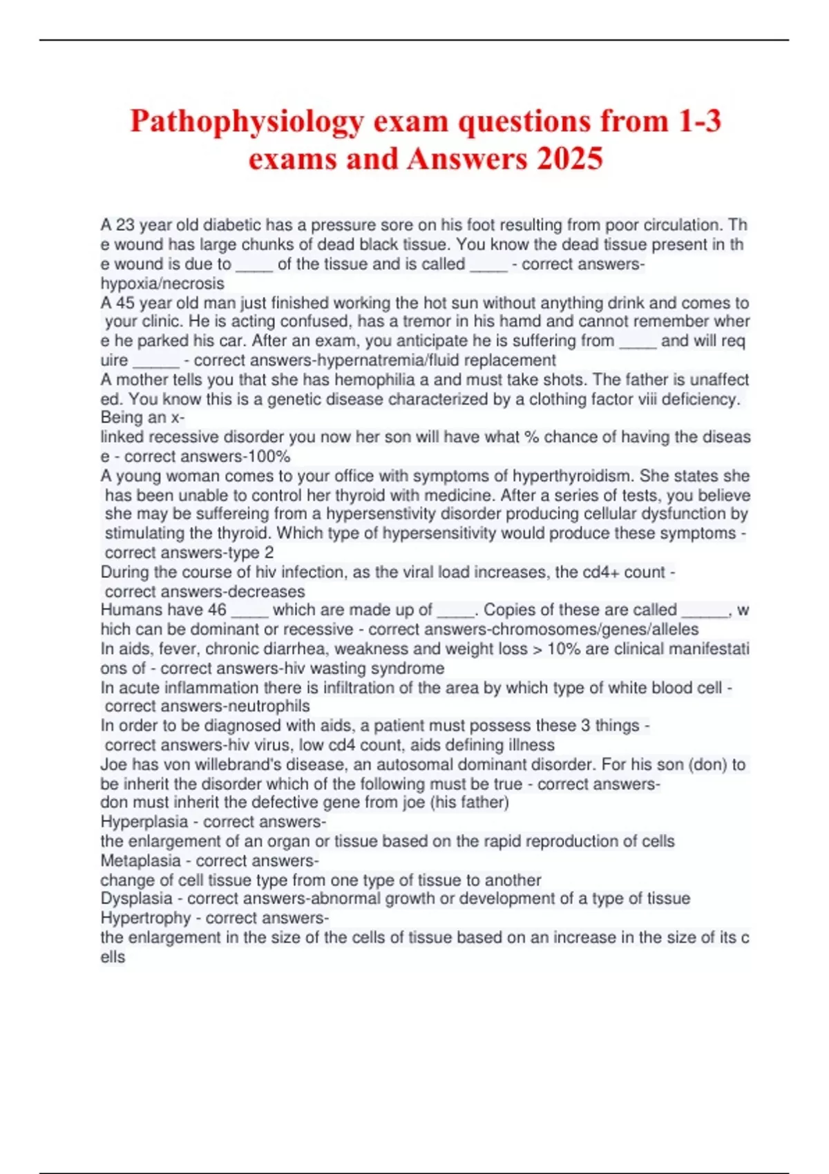 Pathophysiology exam questions from 1-3 exams and Answers 2025 ...