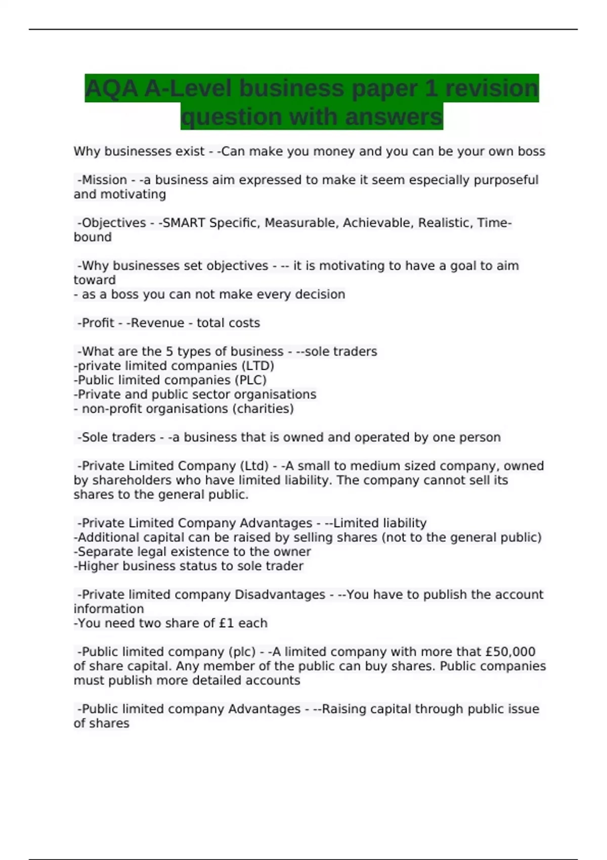 AQA A-Level business paper 1 revision question with answers - AQA A ...