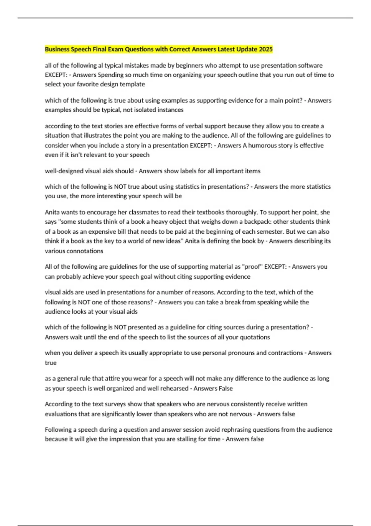 Business Speech Final Exam Questions with Correct Answers Latest Update ...