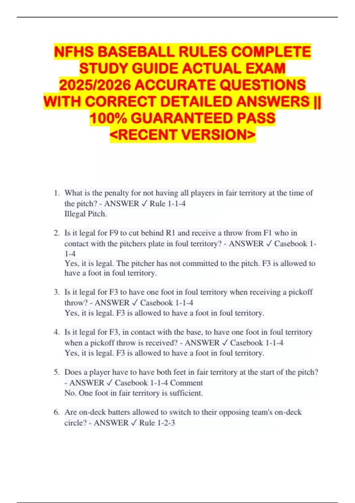 NFHS BASEBALL RULES COMPLETE STUDY GUIDE ACTUAL EXAM 2025/2026 ACCURATE ...