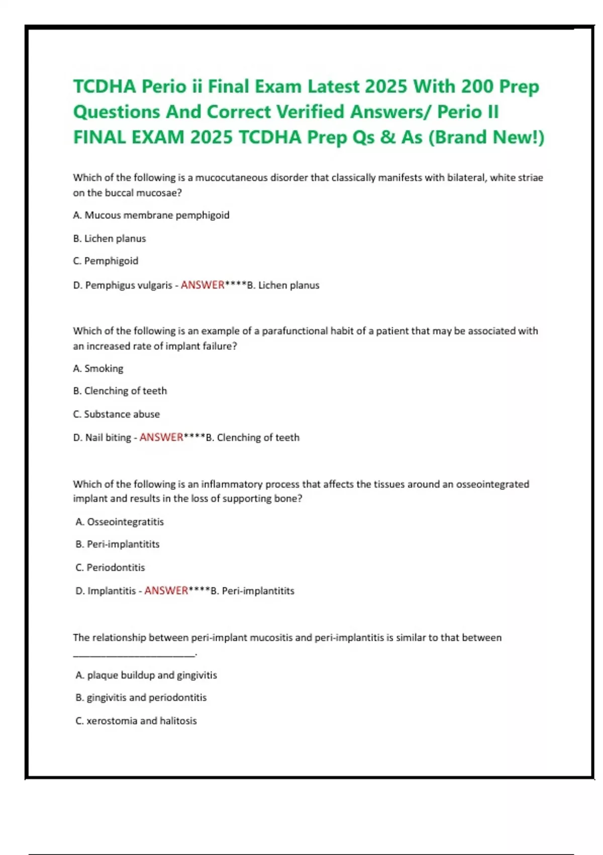 TCDHA Perio ii Final Exam Latest 2025 With 200 Prep Questions And ...