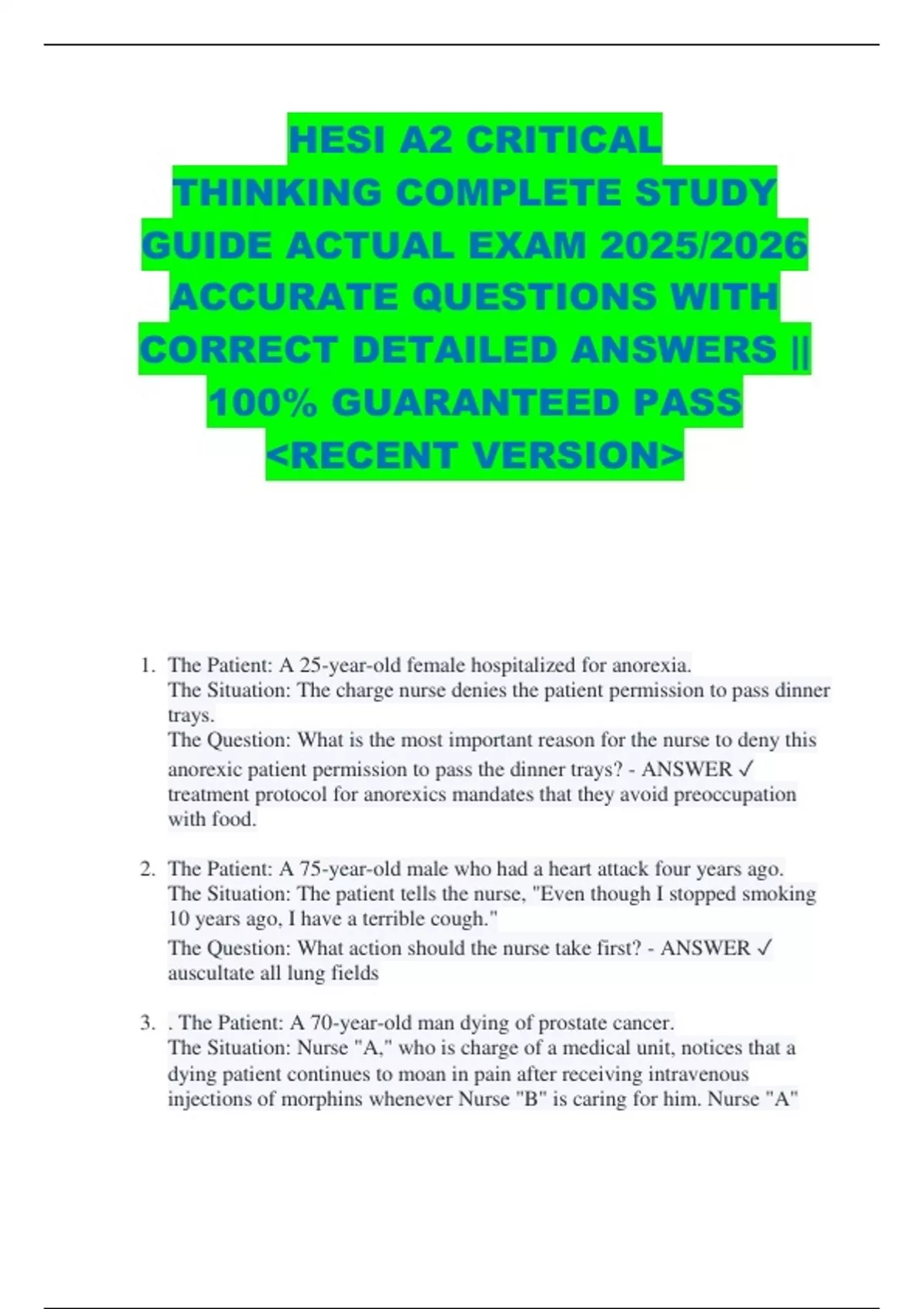 HESI A2 CRITICAL THINKING COMPLETE STUDY GUIDE ACTUAL EXAM 2025/2026 ...