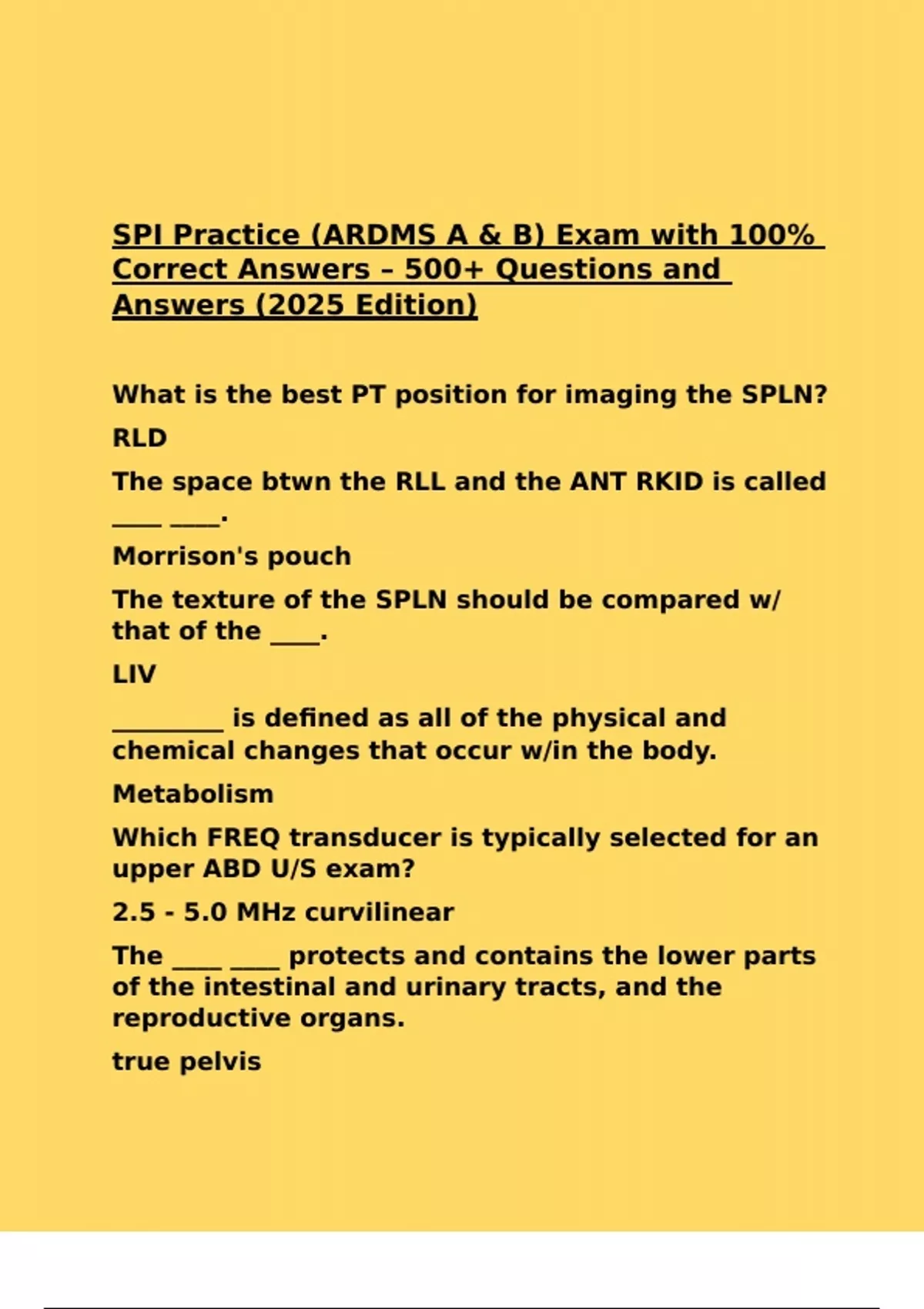 SPI Practice (ARDMS A & B) Exam with 100% Correct Answers – 500+ Questions and Answers (2025 ...