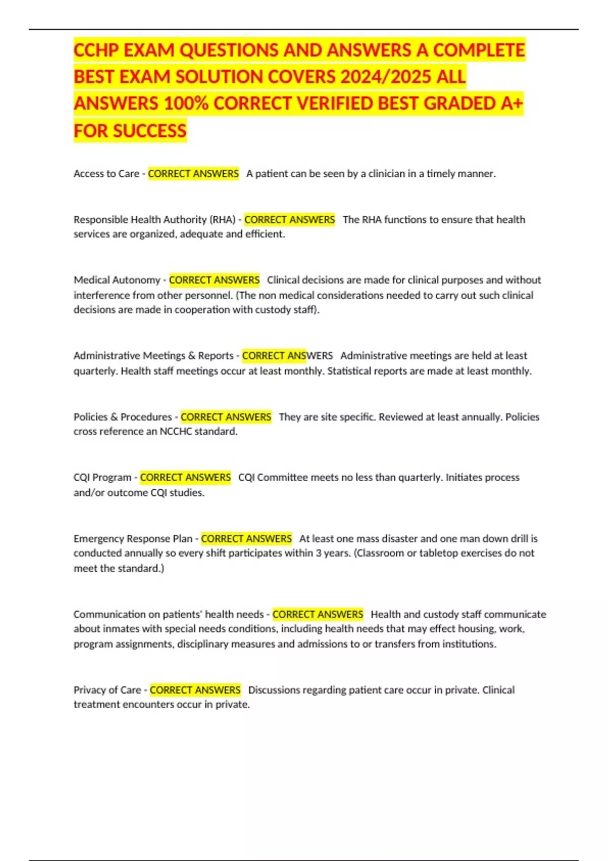 CCHP EXAM QUESTIONS AND ANSWERS A COMPLETE BEST EXAM SOLUTION COVERS ...