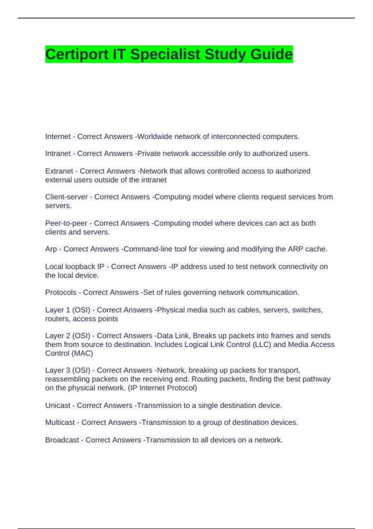 Certiport IT Specialist Study Guide with correct Answers | Verified ...