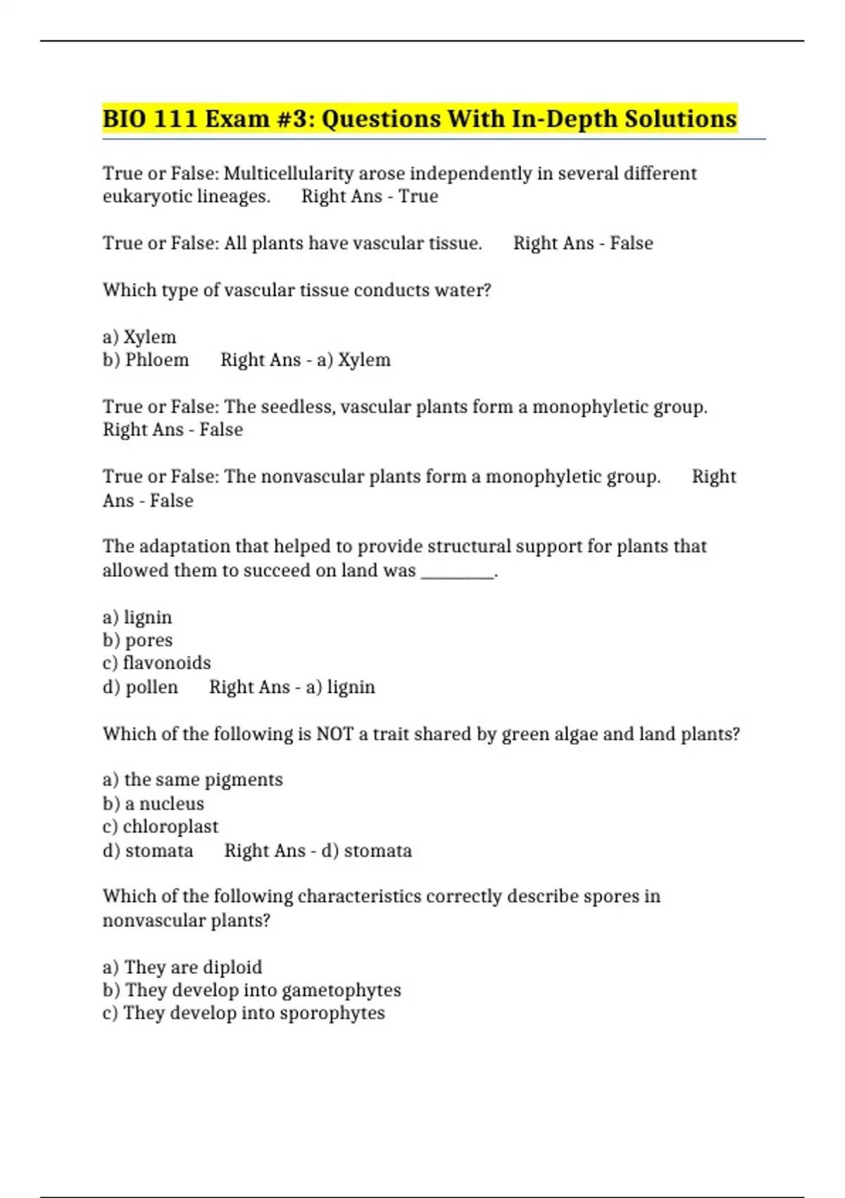 BIO 111 Exam #3: Questions With In-Depth Solutions - BIO 111 - Stuvia US
