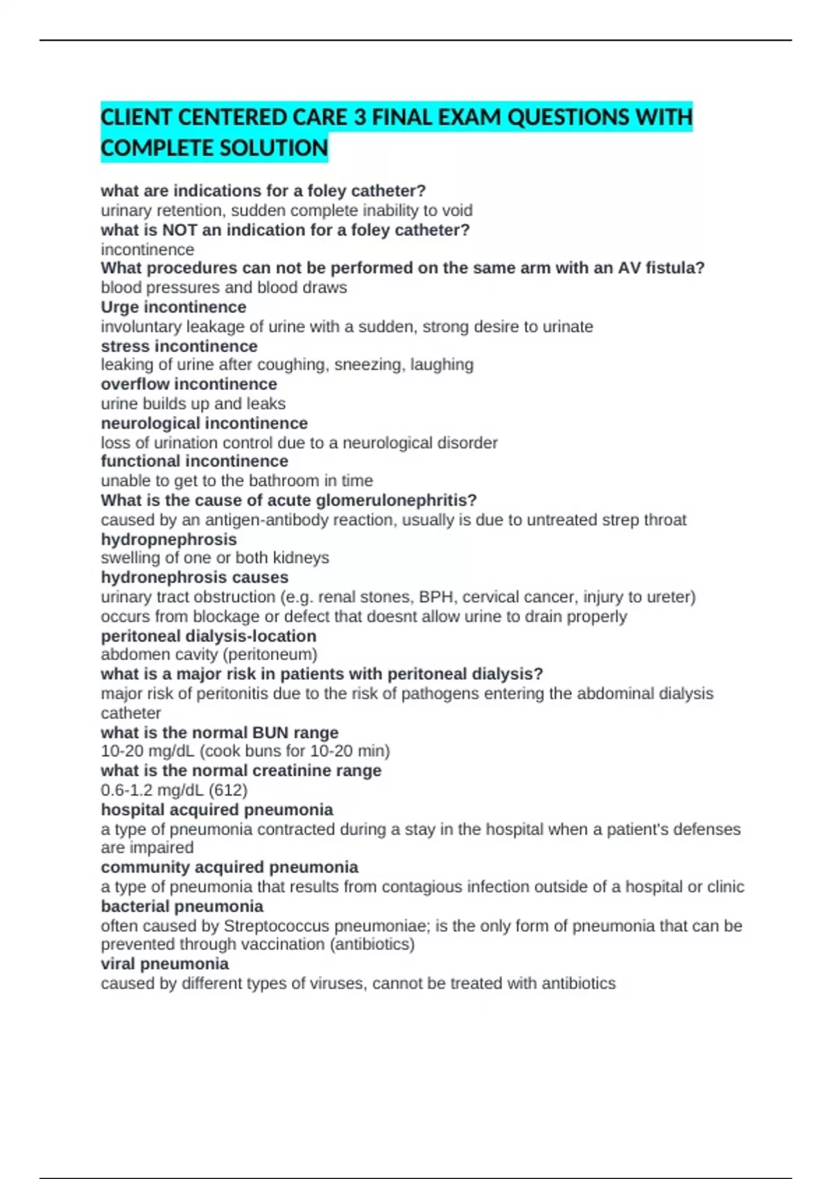 CLIENT CENTERED CARE 3 FINAL EXAM QUESTIONS WITH COMPLETE SOLUTION - CLIENT CENTERED CARE ...