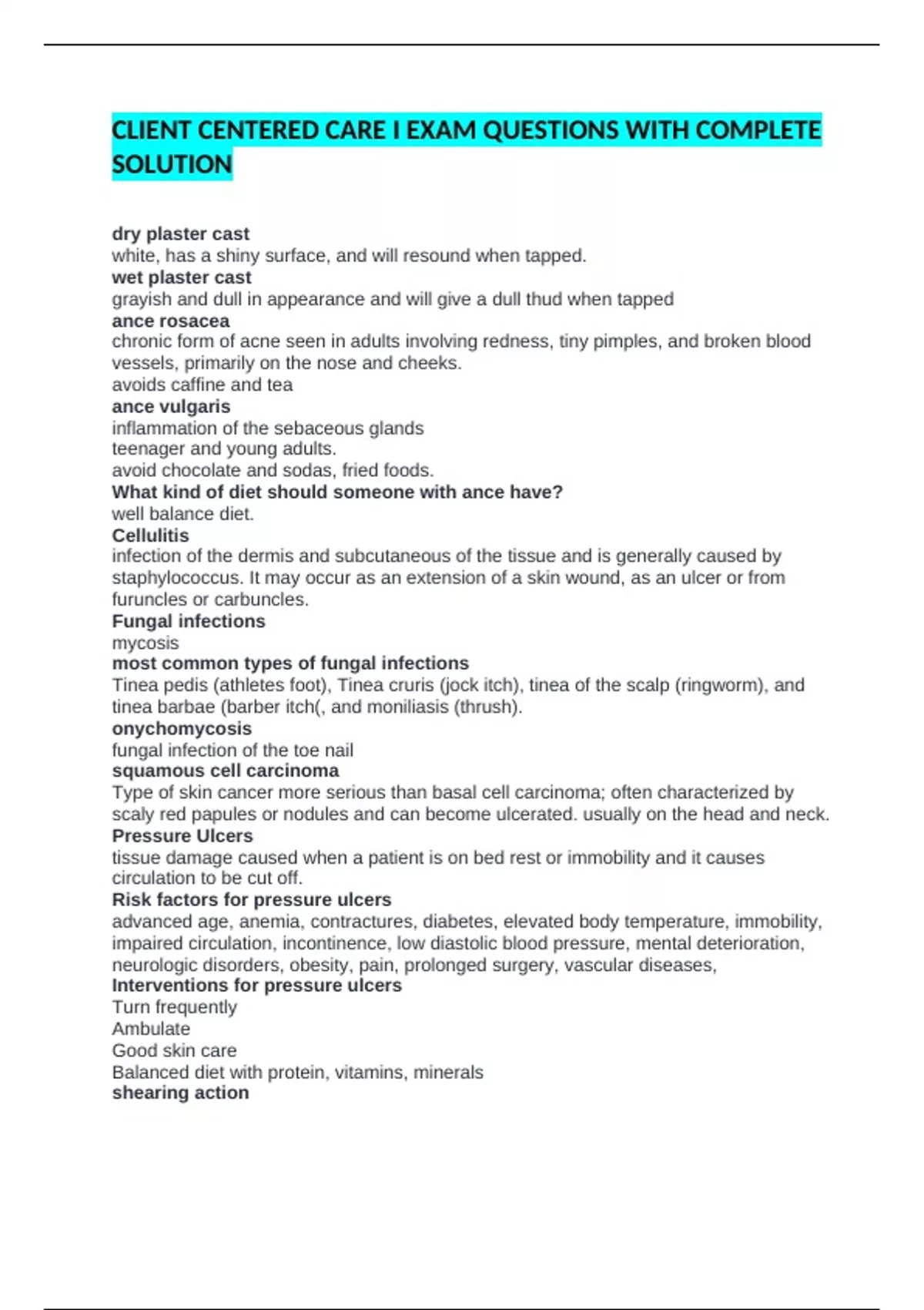 CLIENT CENTERED CARE I EXAM QUESTIONS WITH COMPLETE SOLUTION - CLIENT ...