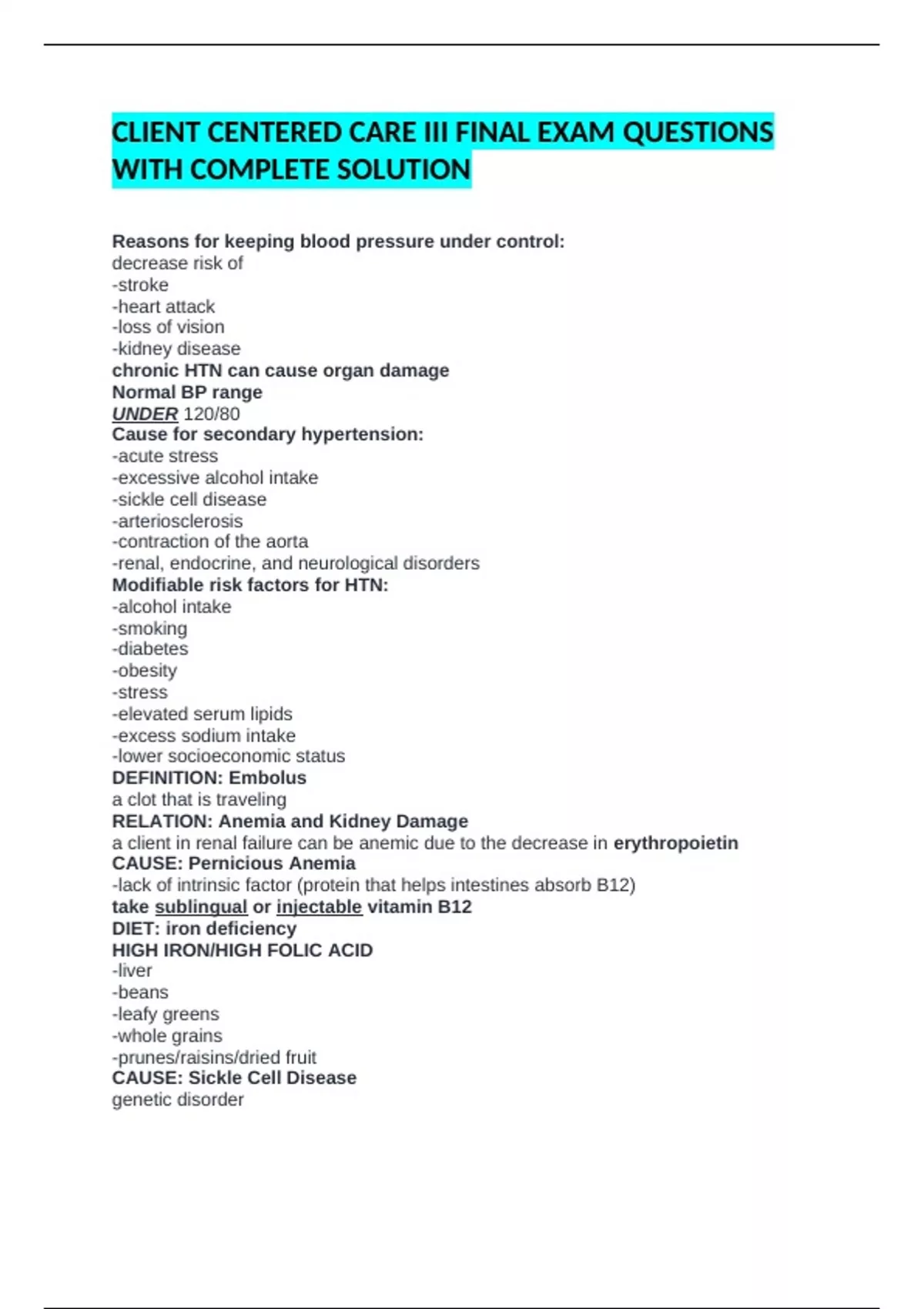 CLIENT CENTERED CARE III FINAL EXAM QUESTIONS WITH COMPLETE SOLUTION ...