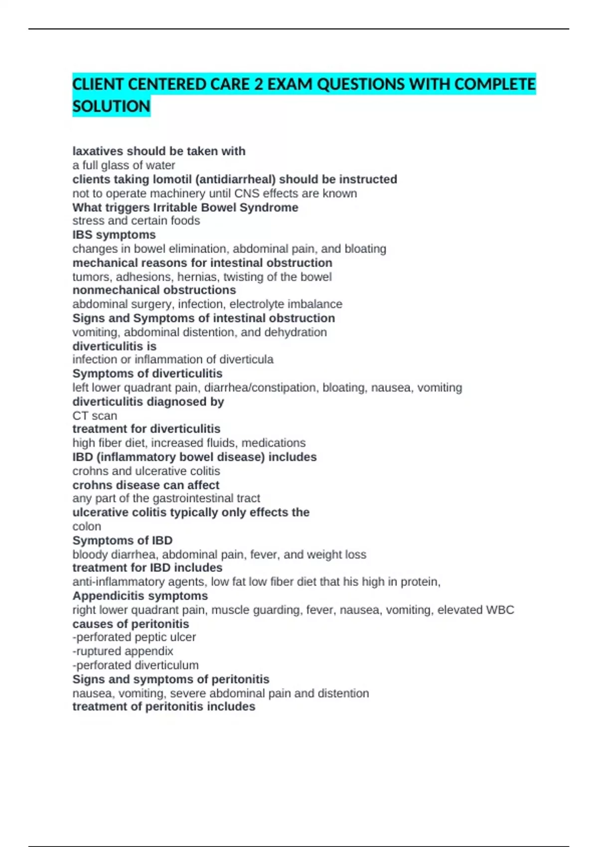 CLIENT CENTERED CARE 2 EXAM QUESTIONS WITH COMPLETE SOLUTION - CLIENT ...