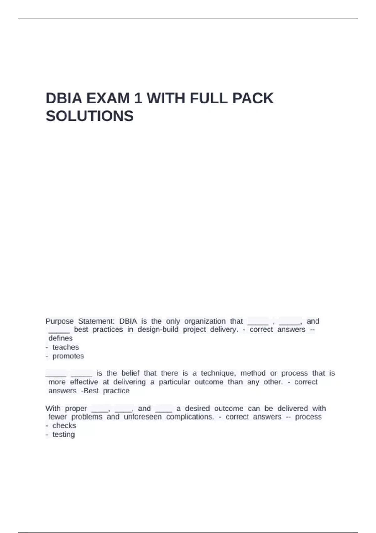DBIA EXAM 1 WITH FULL PACK SOLUTIONS - DBIA - Stuvia US