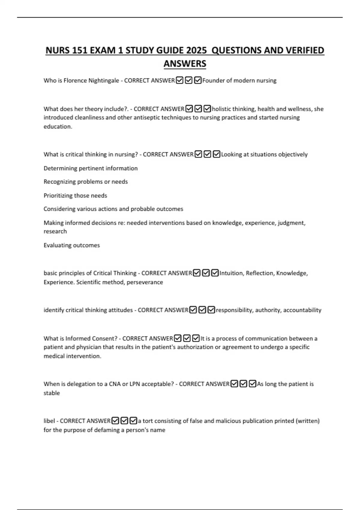 NURS 151 EXAM 1 STUDY GUIDE 2025 QUESTIONS AND VERIFIED ANSWERS - NURS 151 - Stuvia US