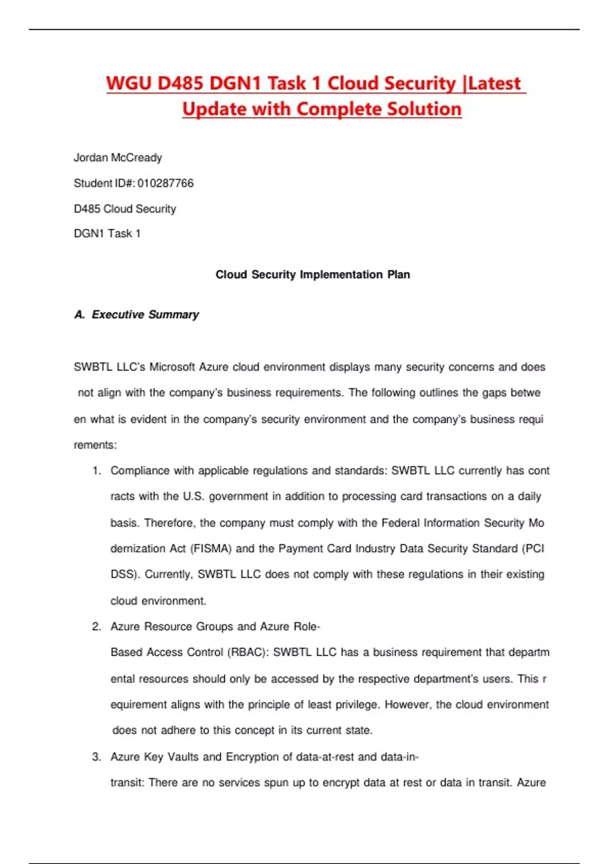 WGU D485 DGN1 Task 1 Cloud Security |Latest Update with Complete ...