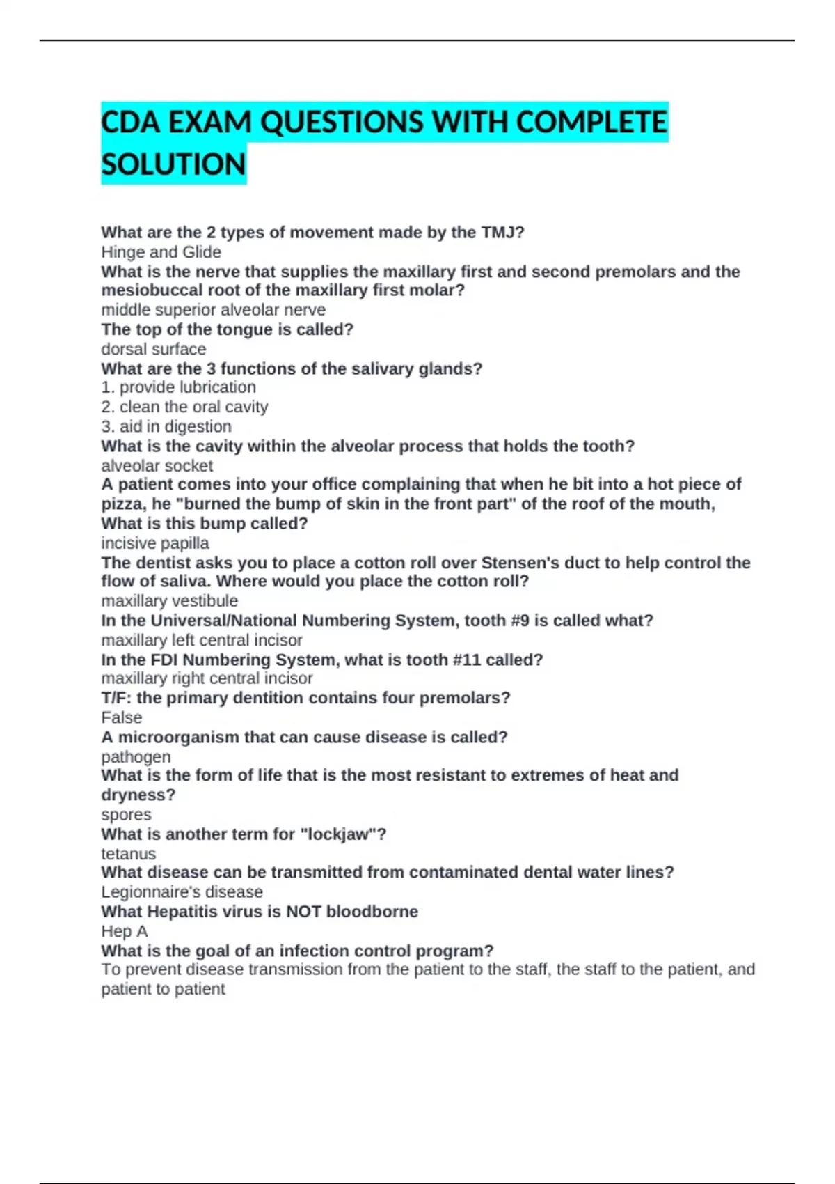 CDA EXAM QUESTIONS WITH COMPLETE SOLUTION - CDA - Stuvia UK