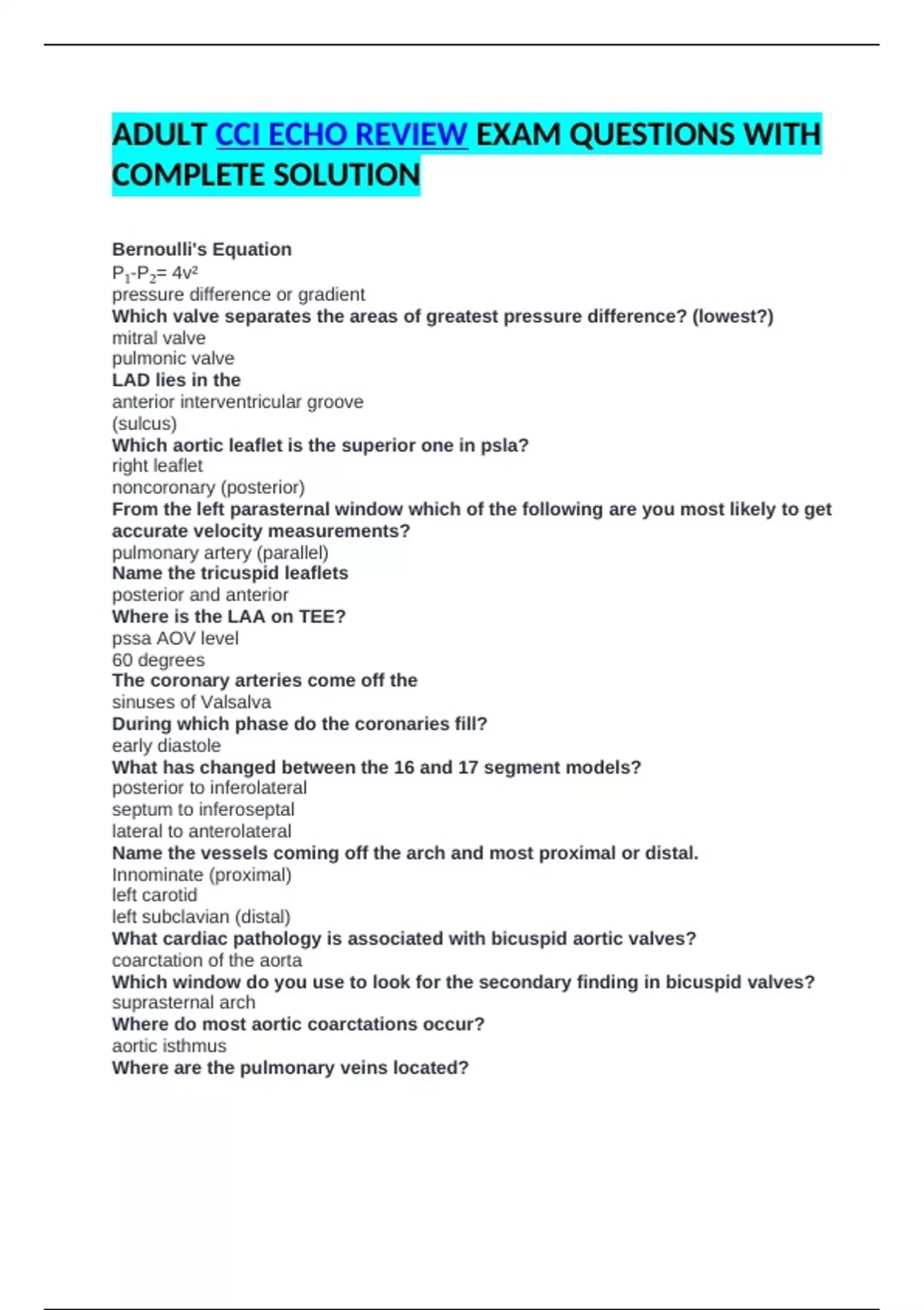 ADULT CCI ECHO REVIEW EXAM QUESTIONS WITH COMPLETE SOLUTION - CCI ECHO ...
