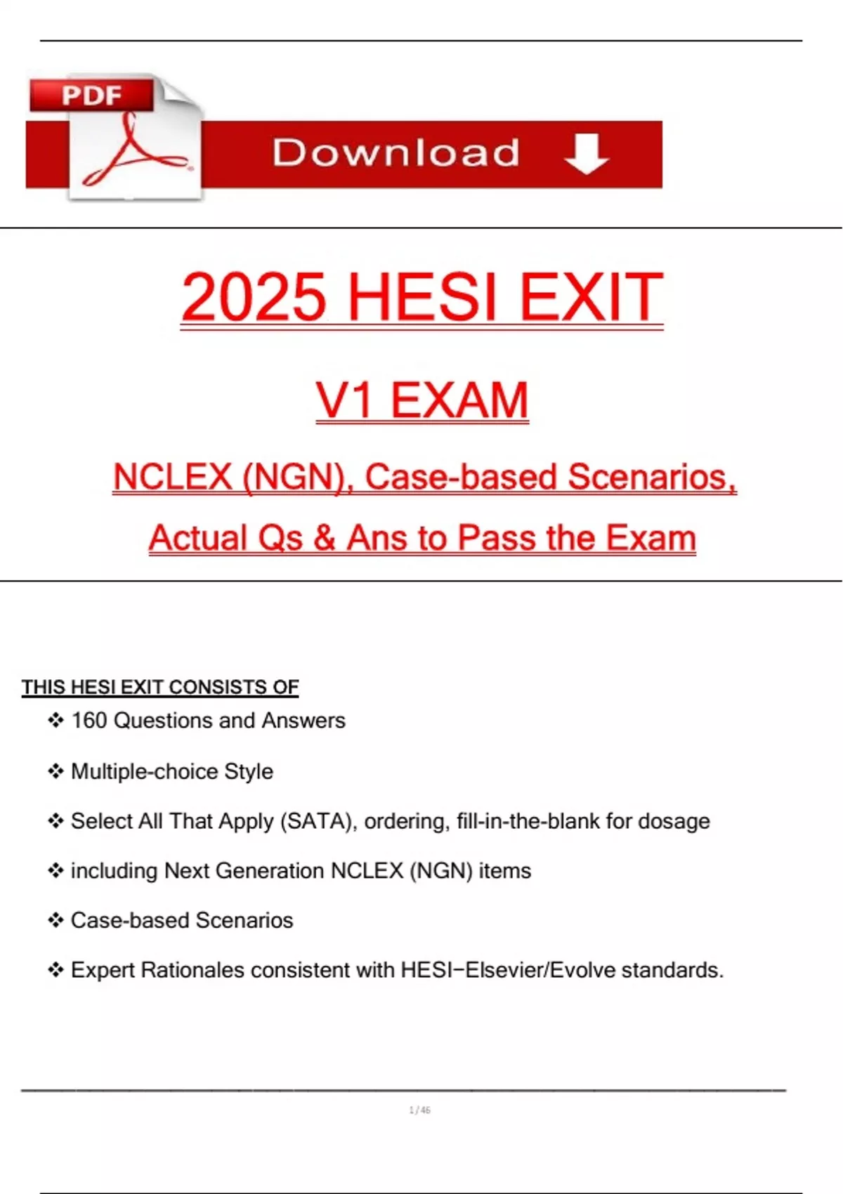 2025 HESI Exit V1 Exam Actual Qs & Ans to Pass the Exam (NGN style Qs & Case studies), 100% ...