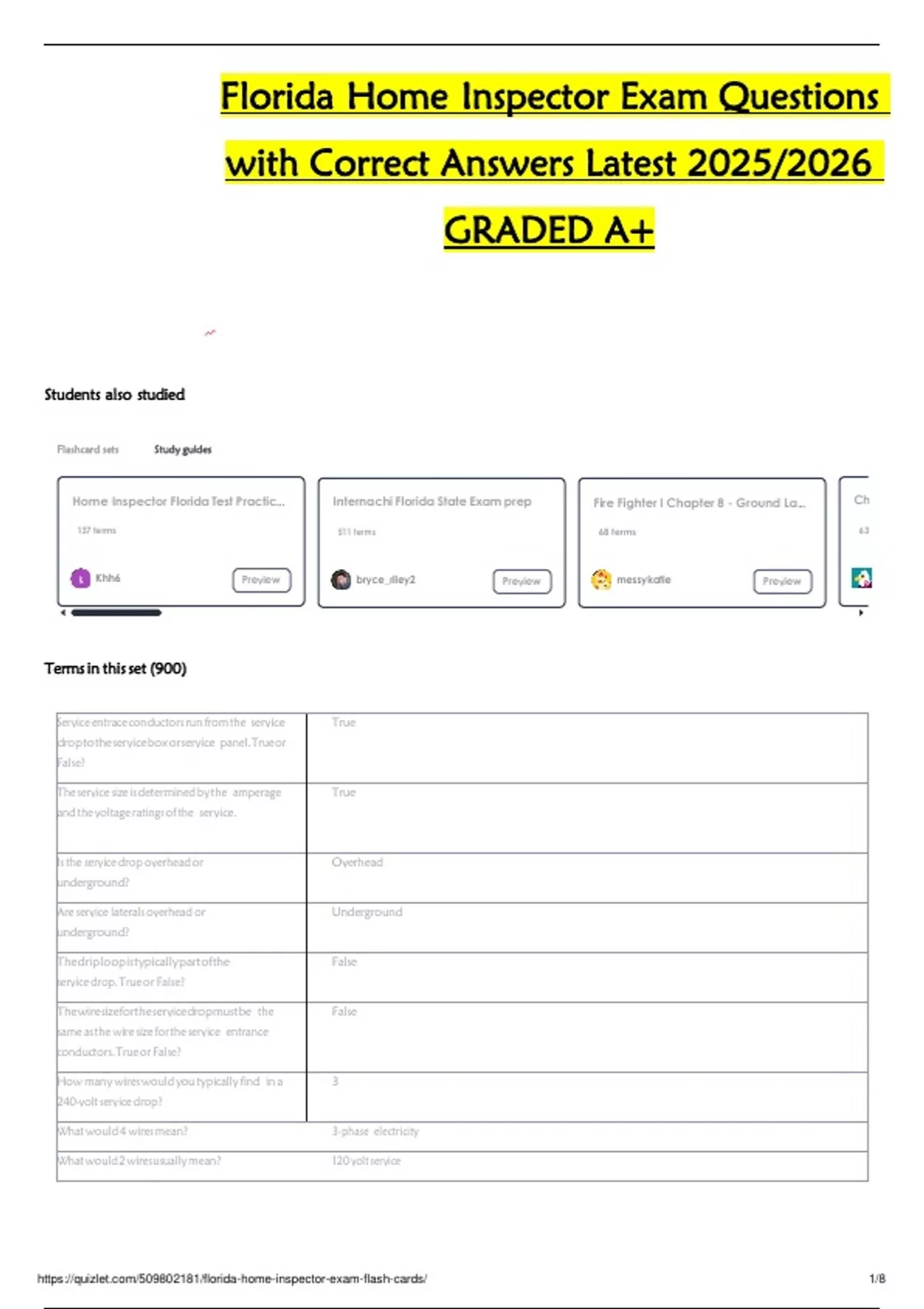 Florida Home Inspector Exam Questions with Correct Answers Latest 2025/ ...