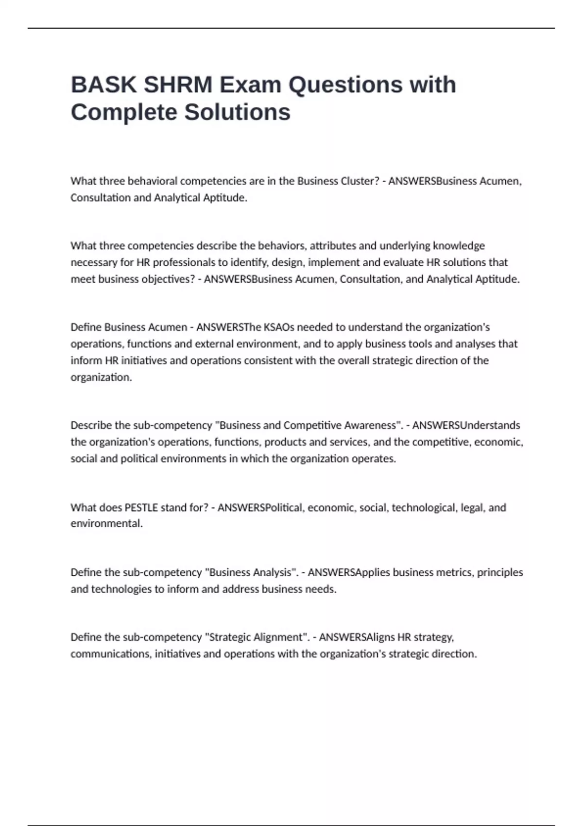 BASK SHRM Exam Questions with Complete Solutions - BASK SHRM - Stuvia US