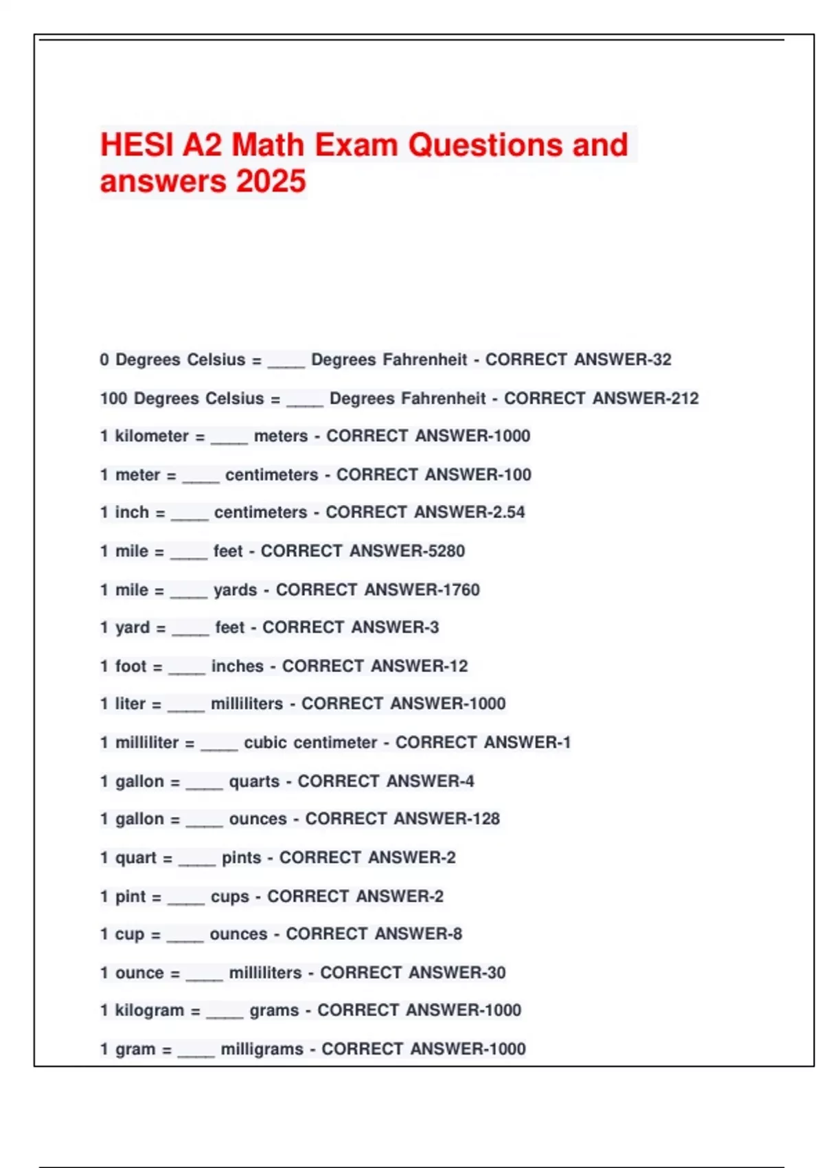 HESI A2 Math Exam Questions and answers 2025. - Hesi A2 - Stuvia US