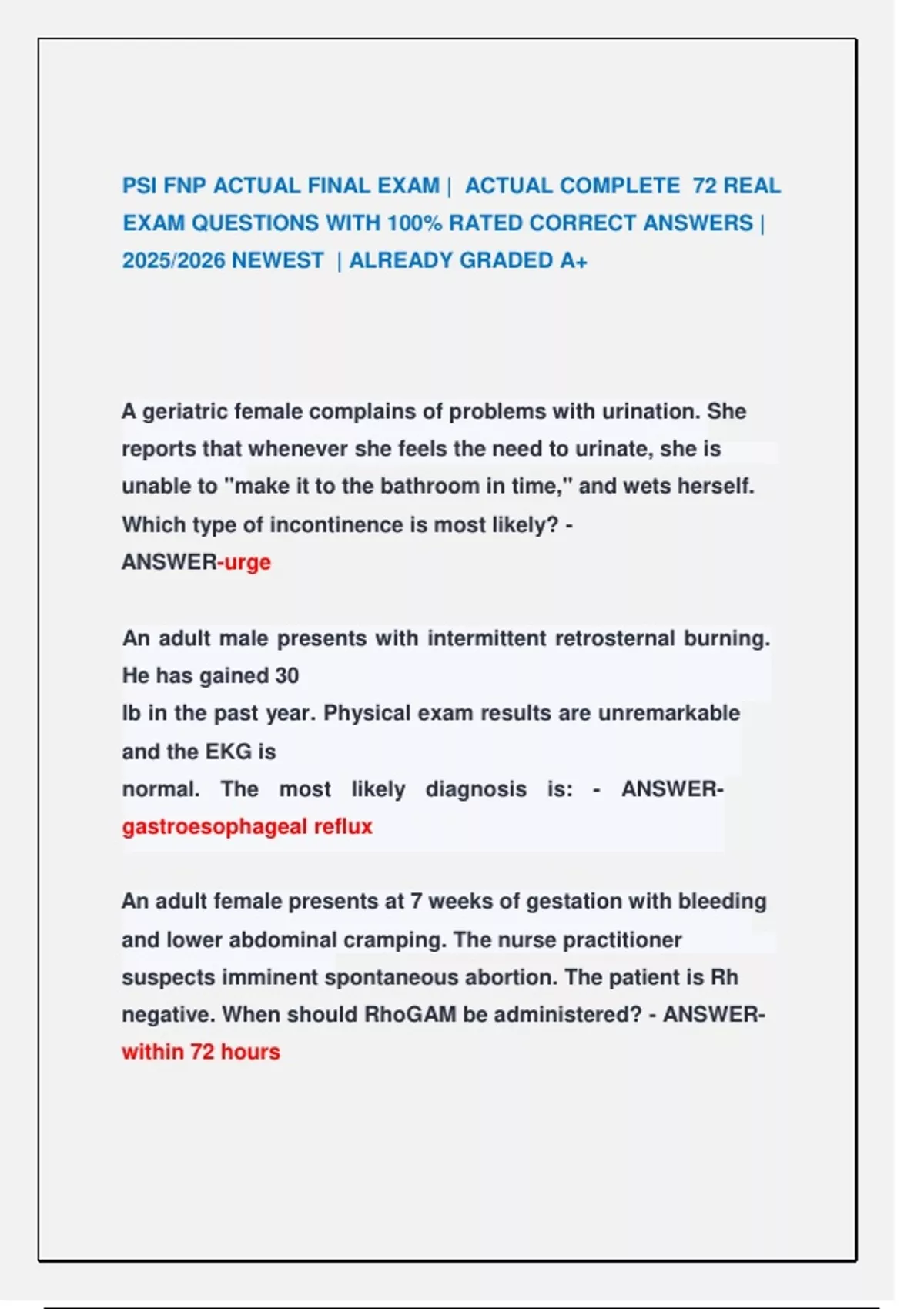 PSI FNP ACTUAL FINAL EXAM | ACTUAL COMPLETE 72 REAL EXAM QUESTIONS WITH ...