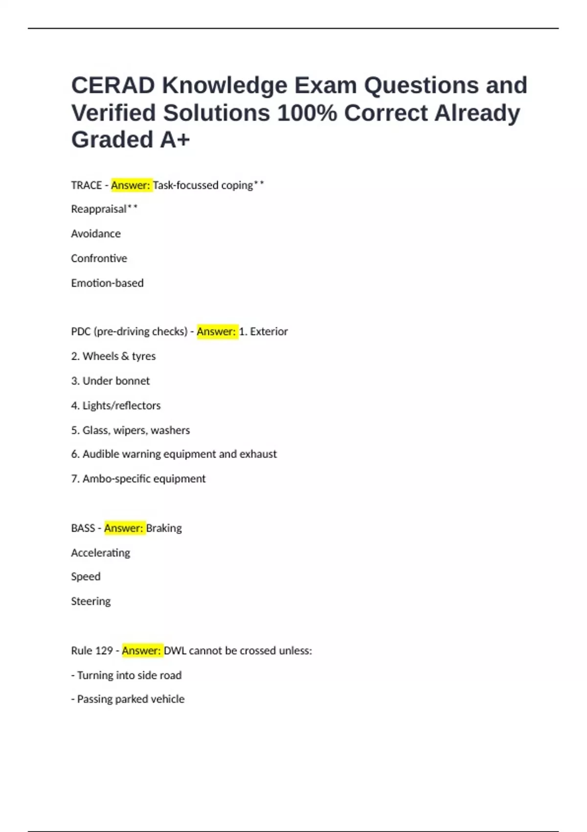 L3 CERAD Exam Theory Before Commencing to Drive at Speed Questions and ...