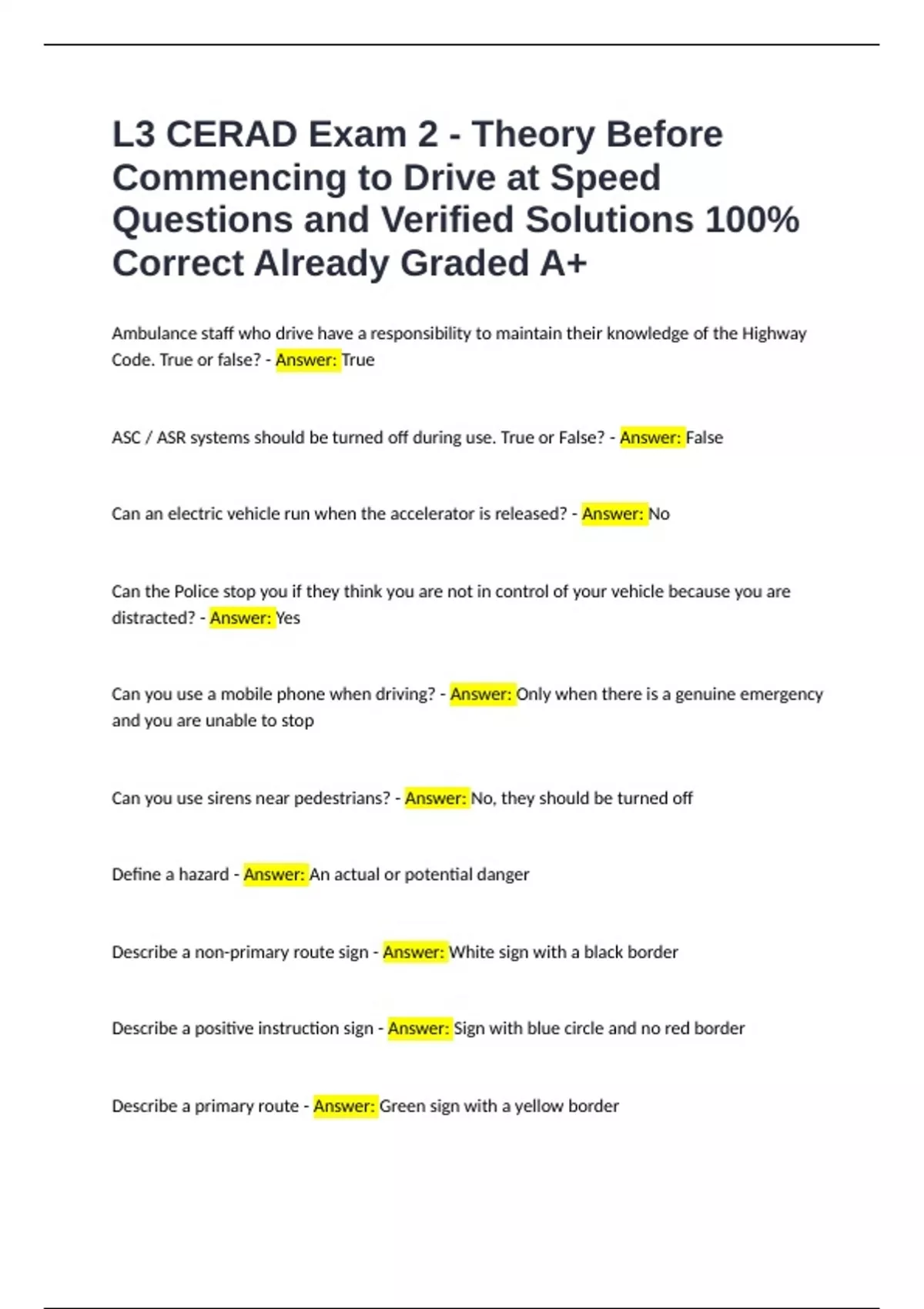 L3 CERAD Exam 2 - Theory Before Commencing to Drive at Speed Questions ...