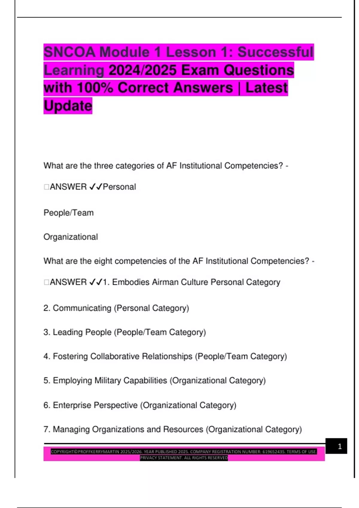 SNCOA Module 1 Lesson 1: Successful Learning 2024/2025 Exam Questions ...