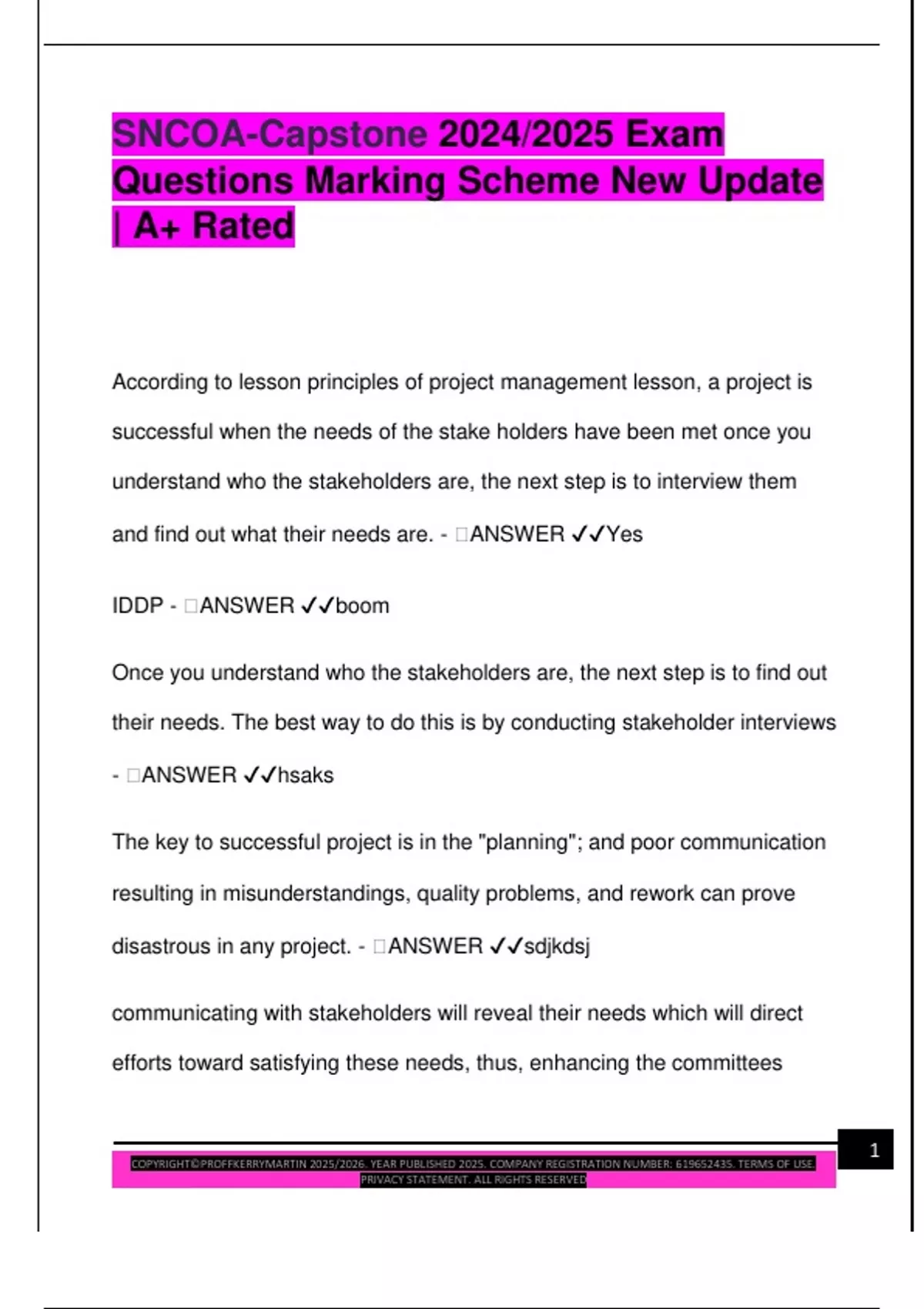 SNCOA-Capstone 2024/2025 Exam Questions Marking Scheme New Update | A+ ...