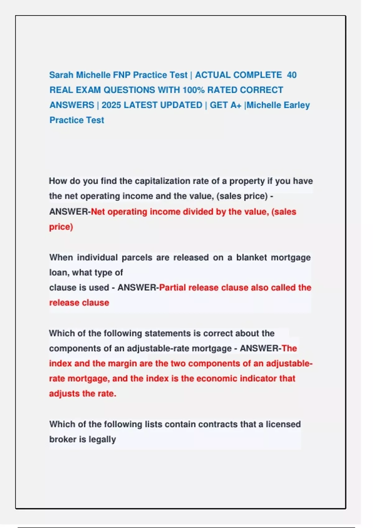 Sarah Michelle FNP Practice Test | ACTUAL COMPLETE 40 REAL EXAM ...